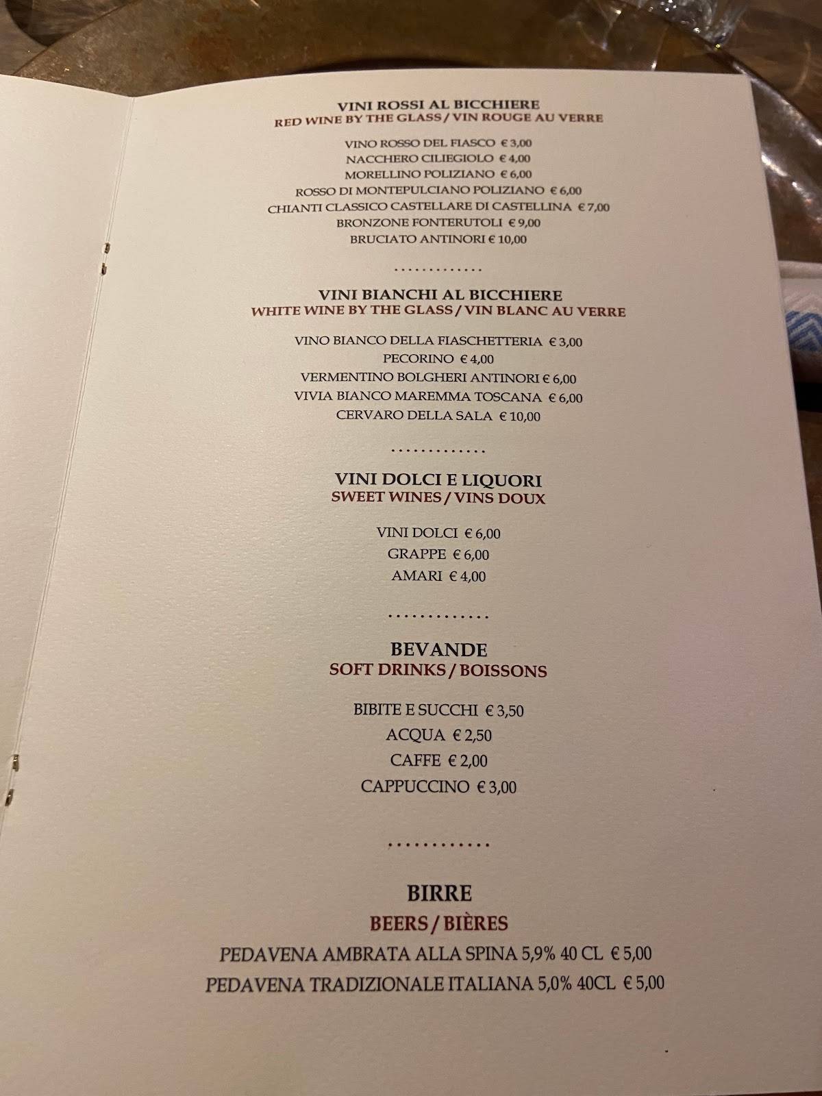 Menu at Osteria Santo Spirito restaurant, Florence, Piazza Santo Spirito