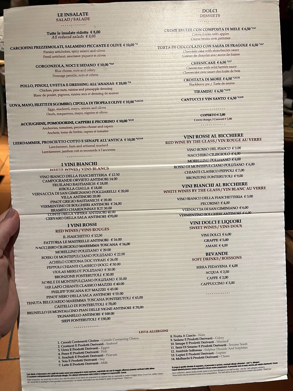 Menu at Osteria Santo Spirito restaurant, Florence, Piazza Santo Spirito