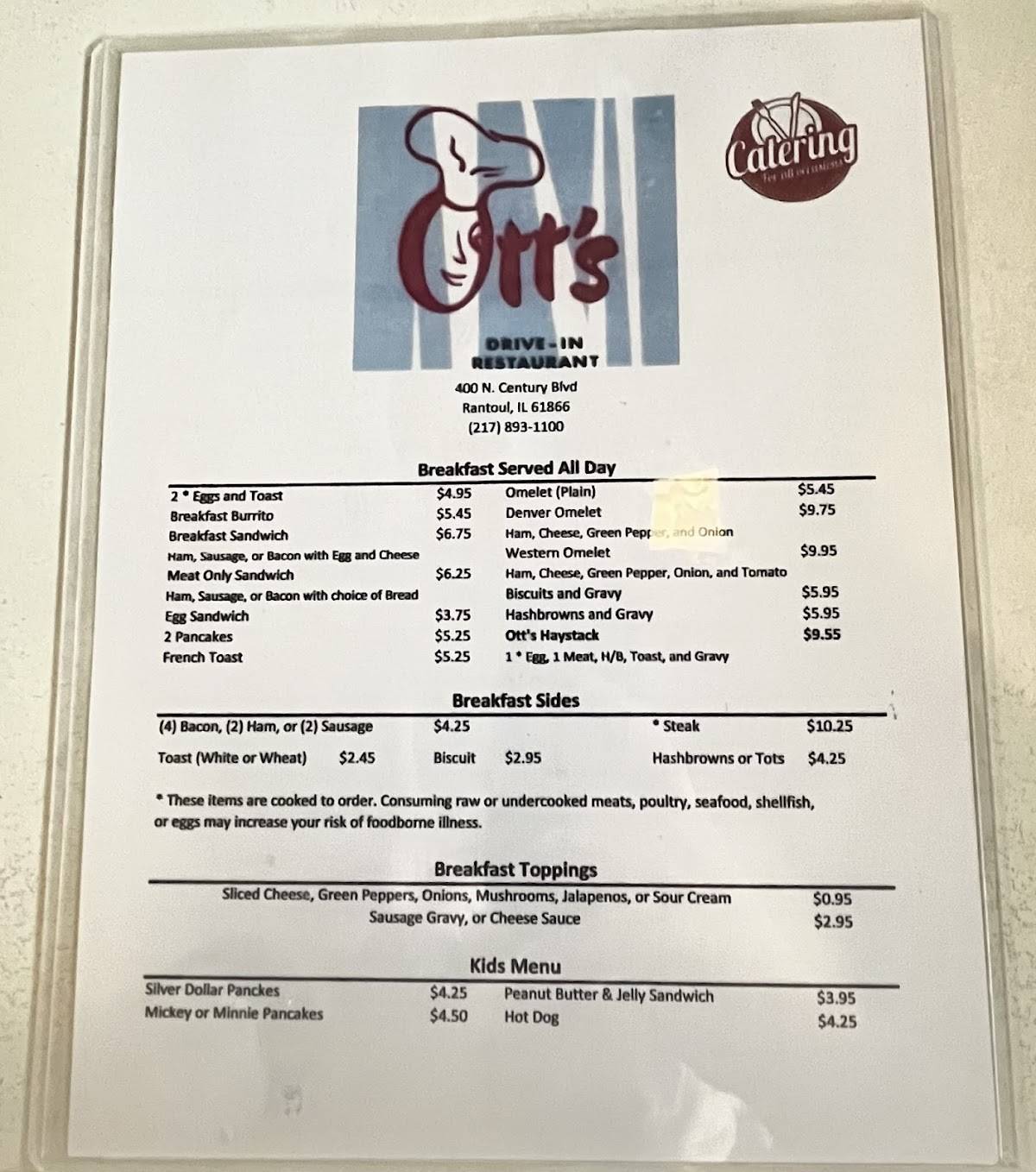 Menu at Ott's Drive In restaurant, Rantoul