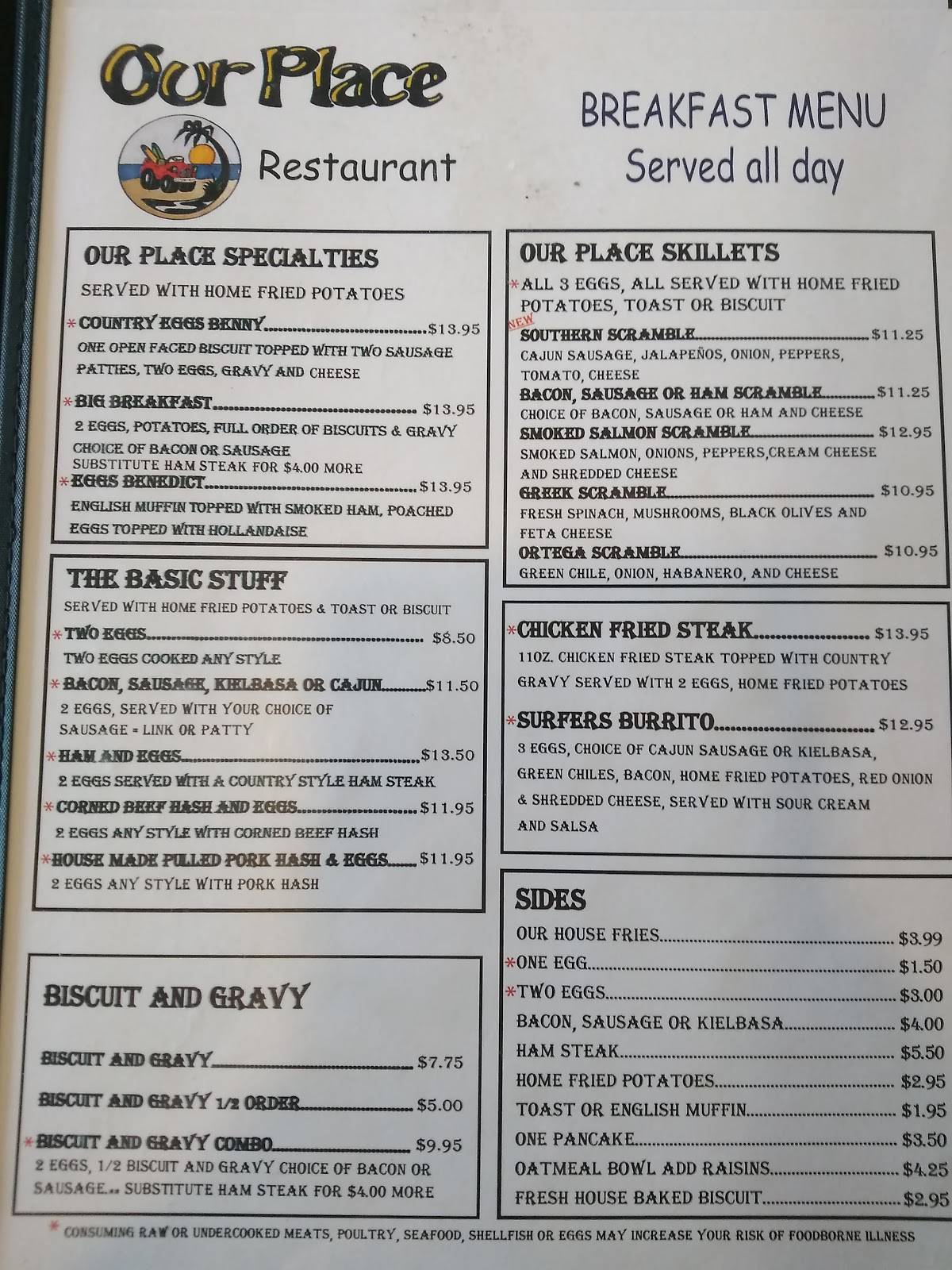 Menu at Our Place Restaurant, Ocean Shores