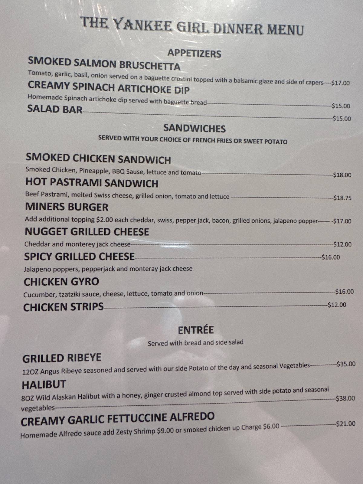 Menu at The Yankee Girl Restaurant, Ouray