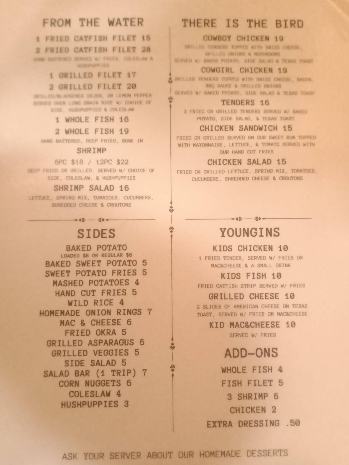 Menu at Outlaws Steakhouse, Thaxton
