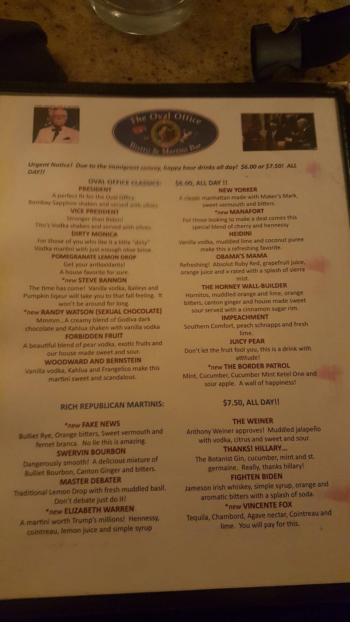 Menu at Oval Office pub & bar, Post Falls