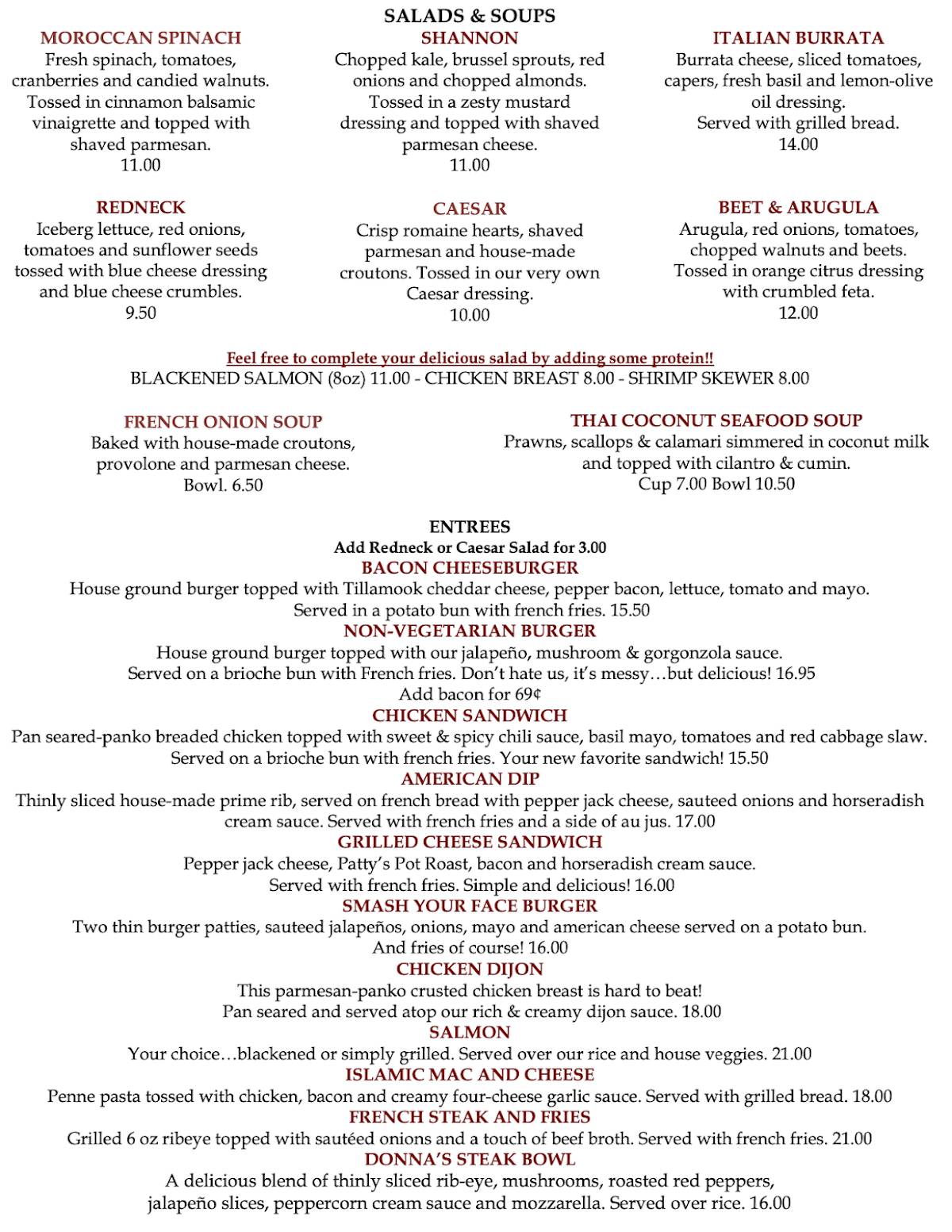 Menu at Oval Office pub & bar, Post Falls