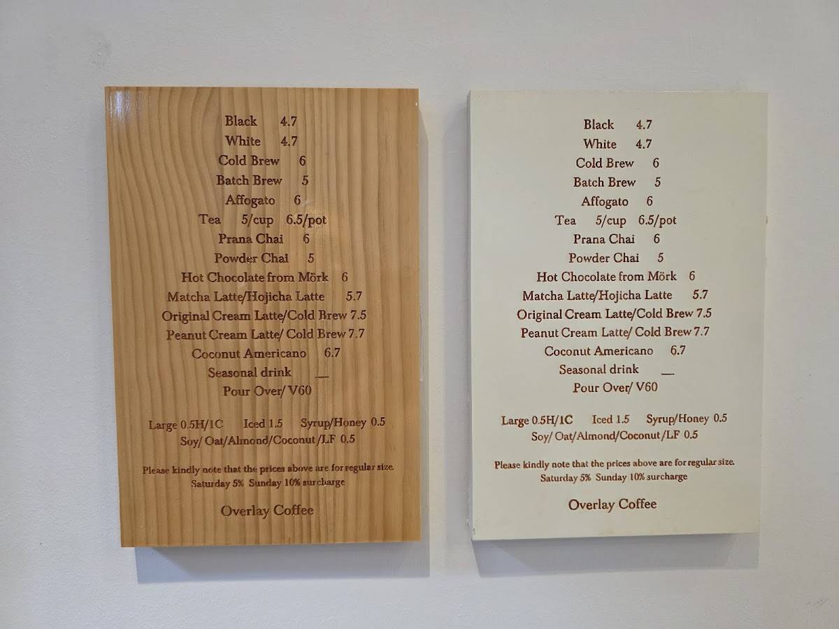 Menu at Overlay Coffee cafe, Melbourne