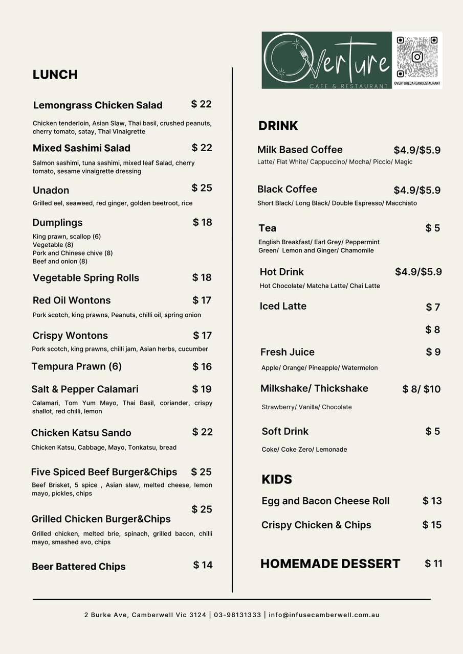 Menu at Overture Cafe & Restaurant, Hawthorn East
