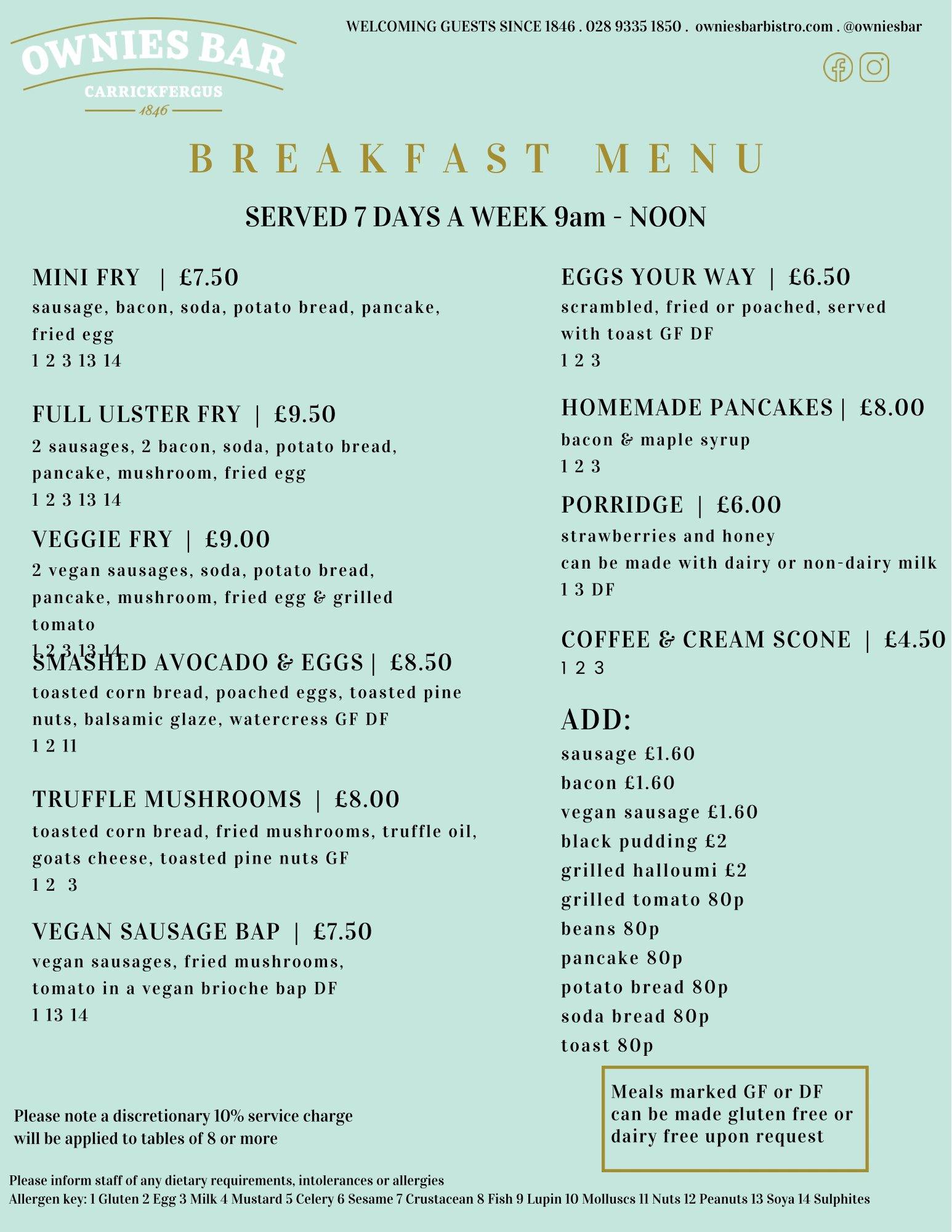 Menu at Ownies Bar and Bistro, Carrickfergus