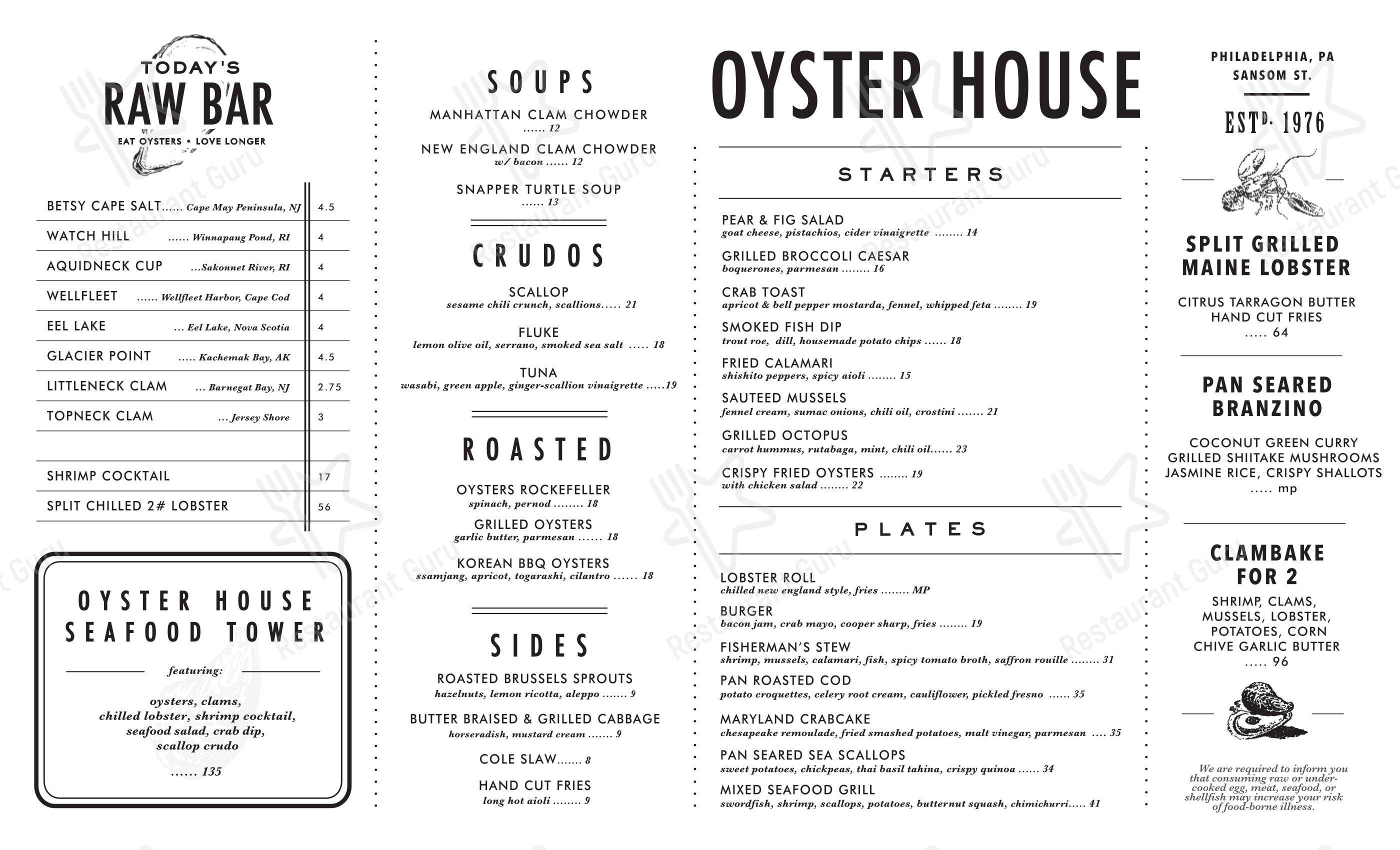 Menu at Oyster House restaurant, Philadelphia