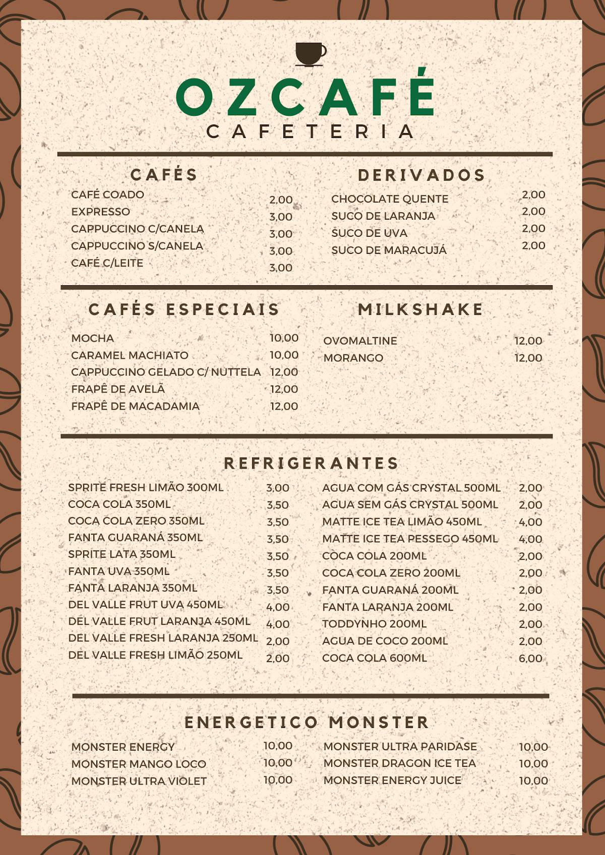 Menu em Oz Café, Osasco