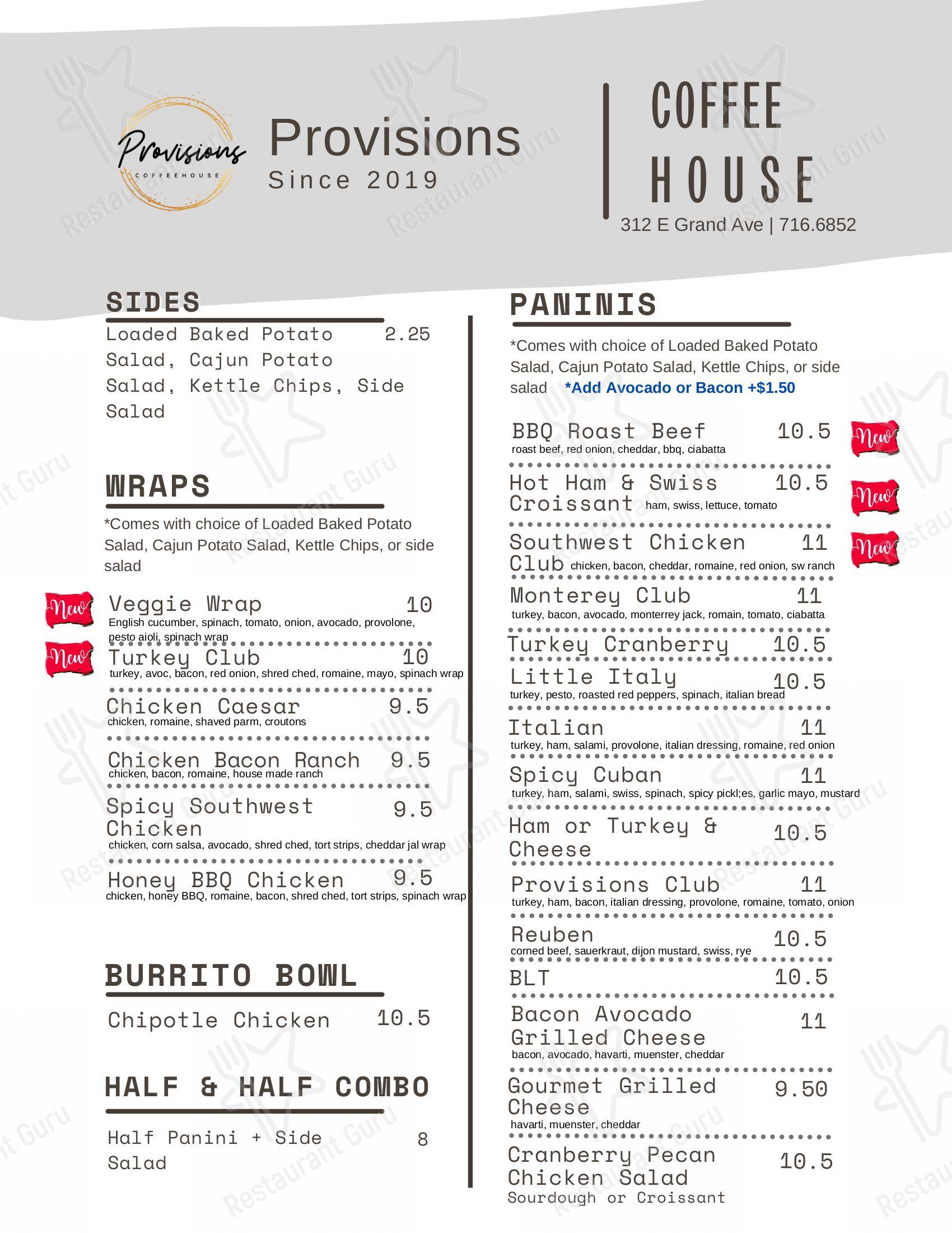 Menu at PC Provisions restaurant, Ponca City