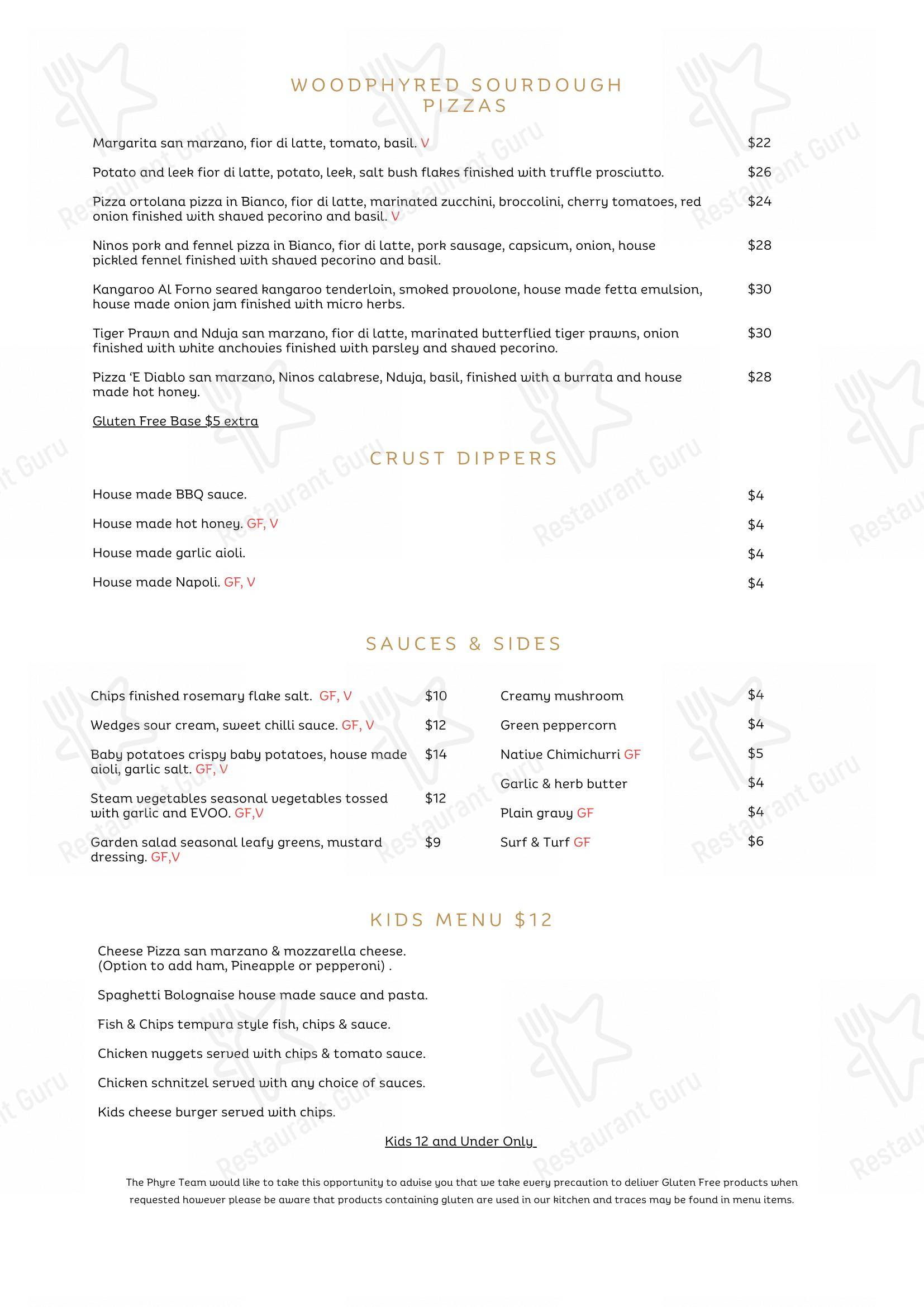 Menu at PHYRE Wood Oven Pizza & Grill restaurant, Two Wells