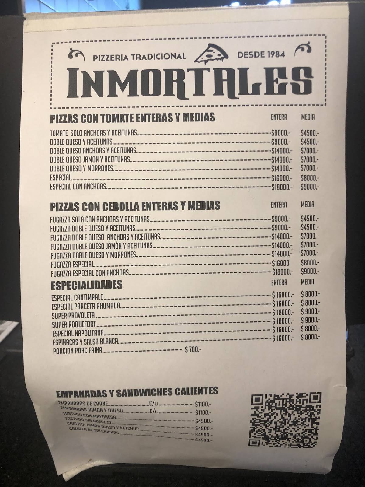 Carta de Pizzeria Inmortales Rosario, Rosario, Av. Alberdi 401 bis