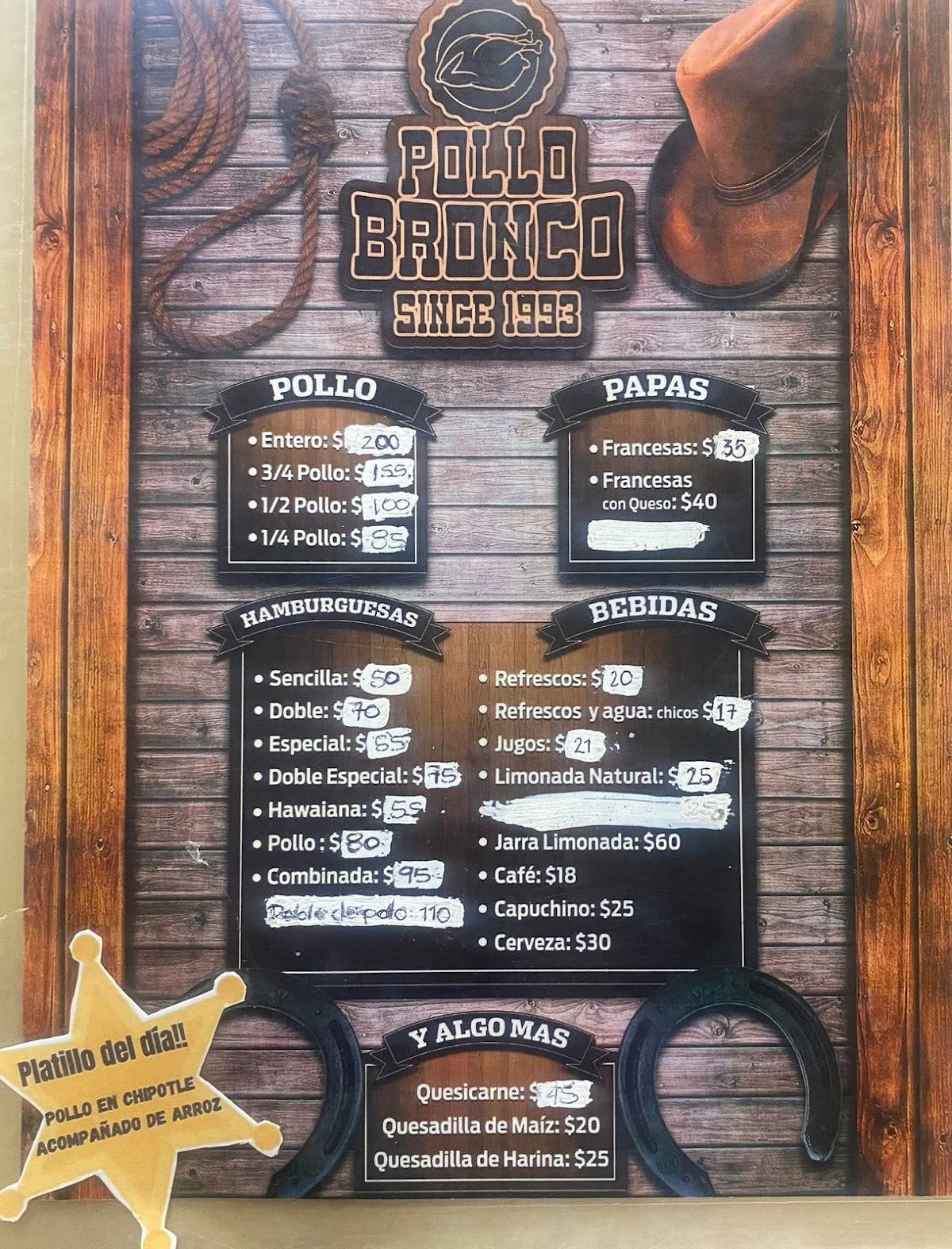 Menu at POLLO BRONCO restaurant, Mexico