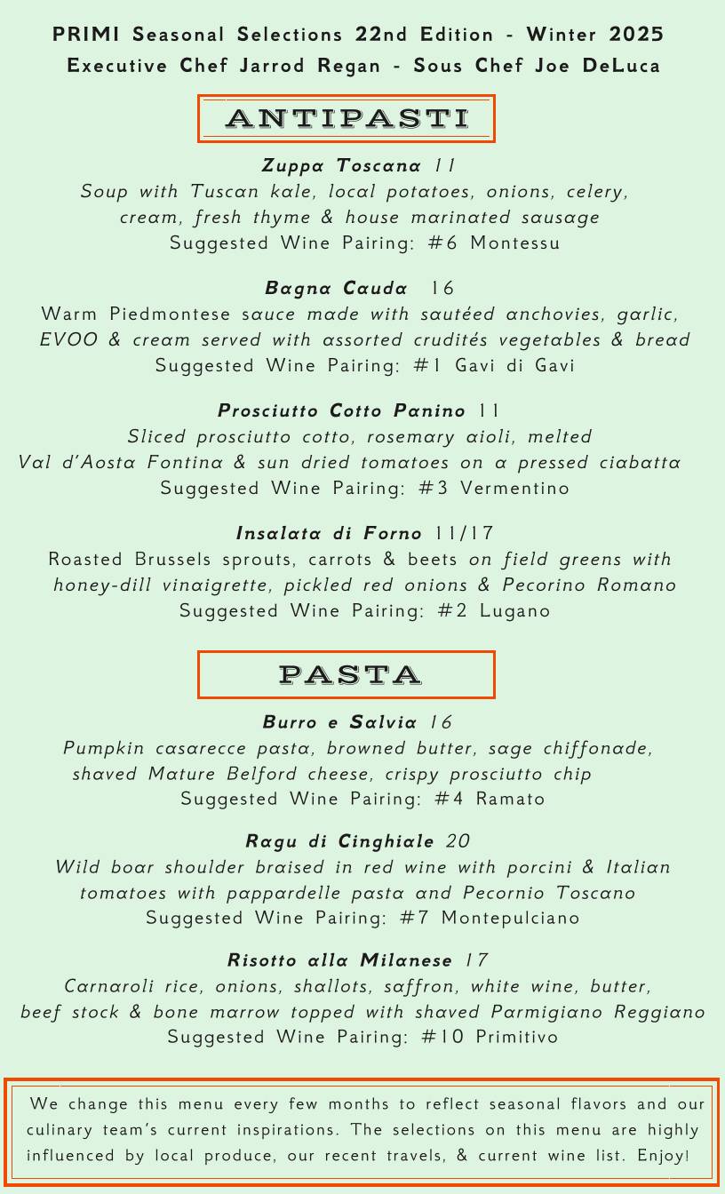 Menu at PRIMI Pasta & Wine Bar, Durango