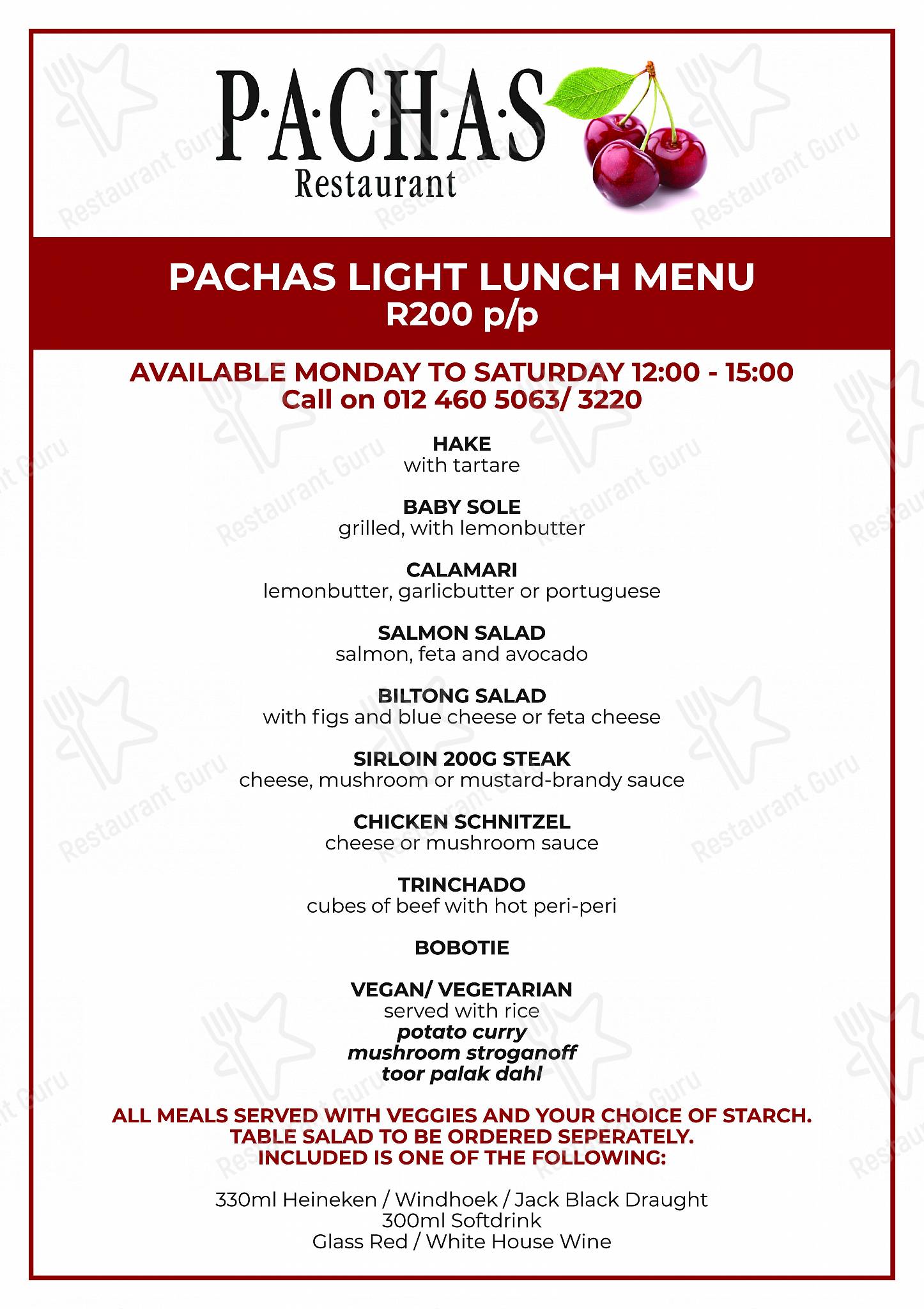 Menu at Pachas Restaurant, Pretoria