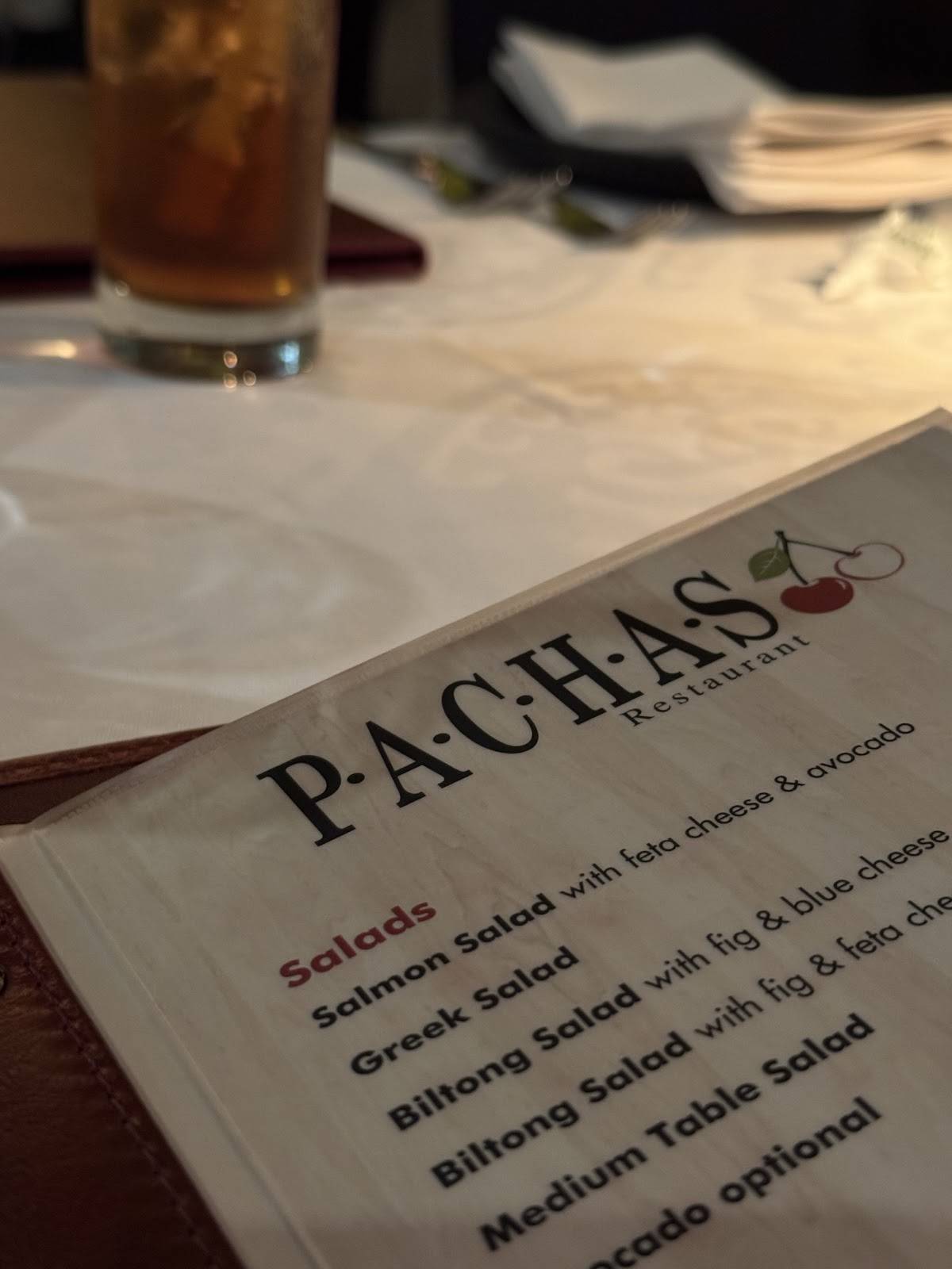 Menu at Pachas Restaurant, Pretoria