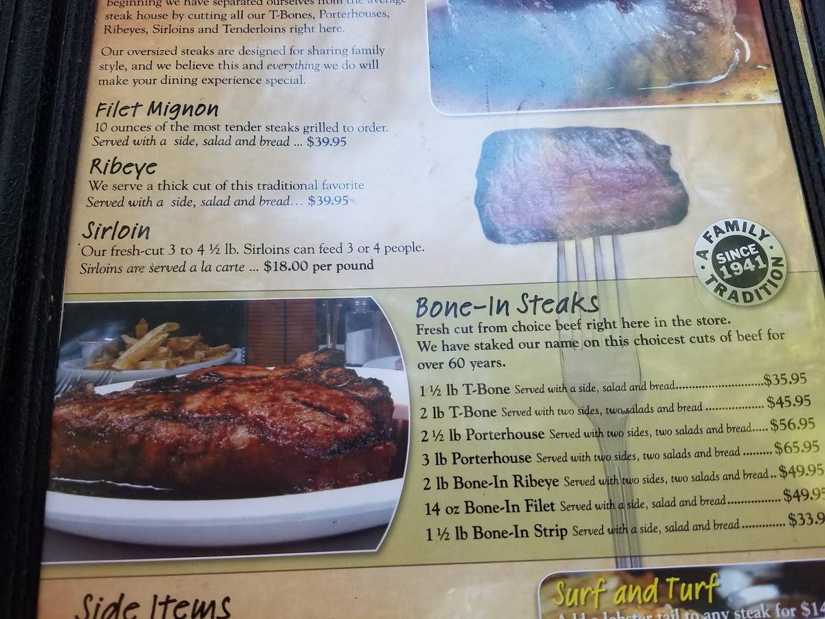 Menu at Doe's Eat Place steakhouse, Paducah