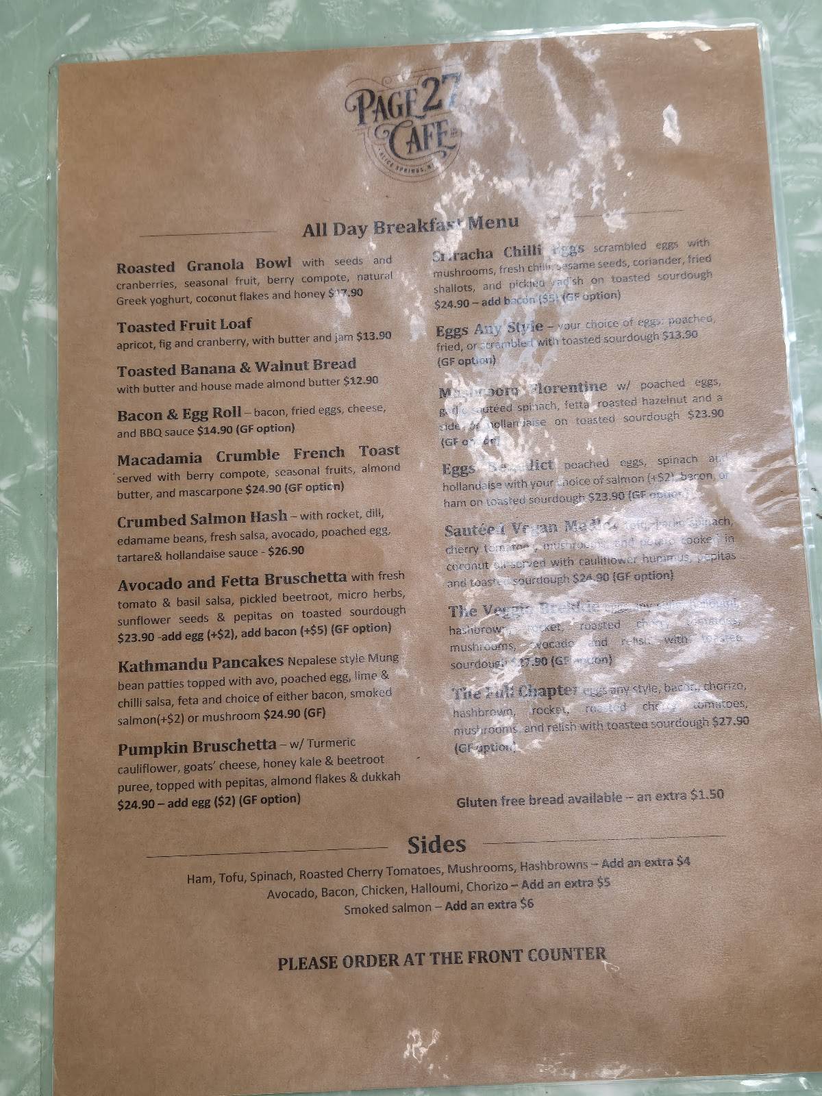 Menu at Page 27 Cafe, Alice Springs