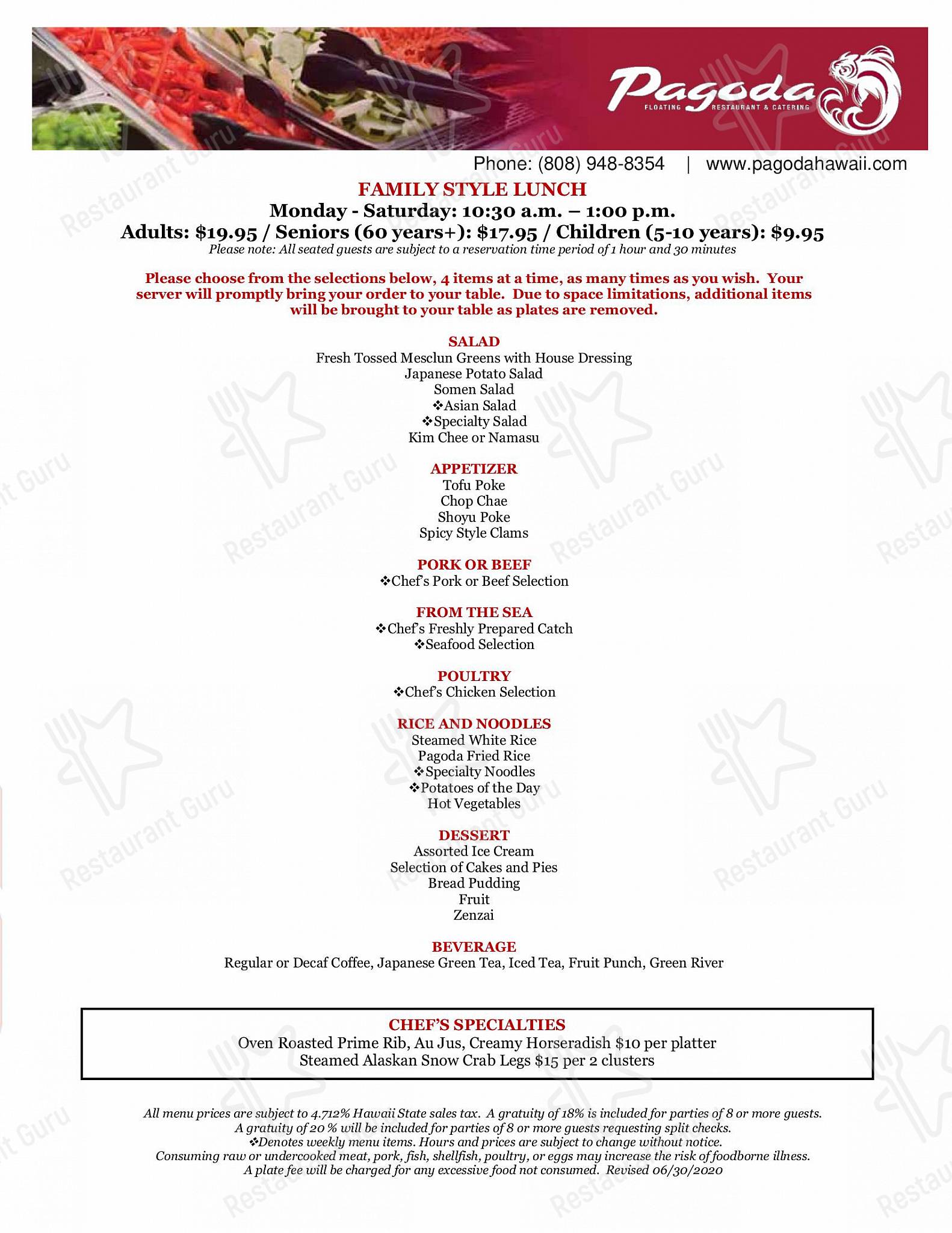 Menu at Pagoda Restaurant & Catering, Honolulu