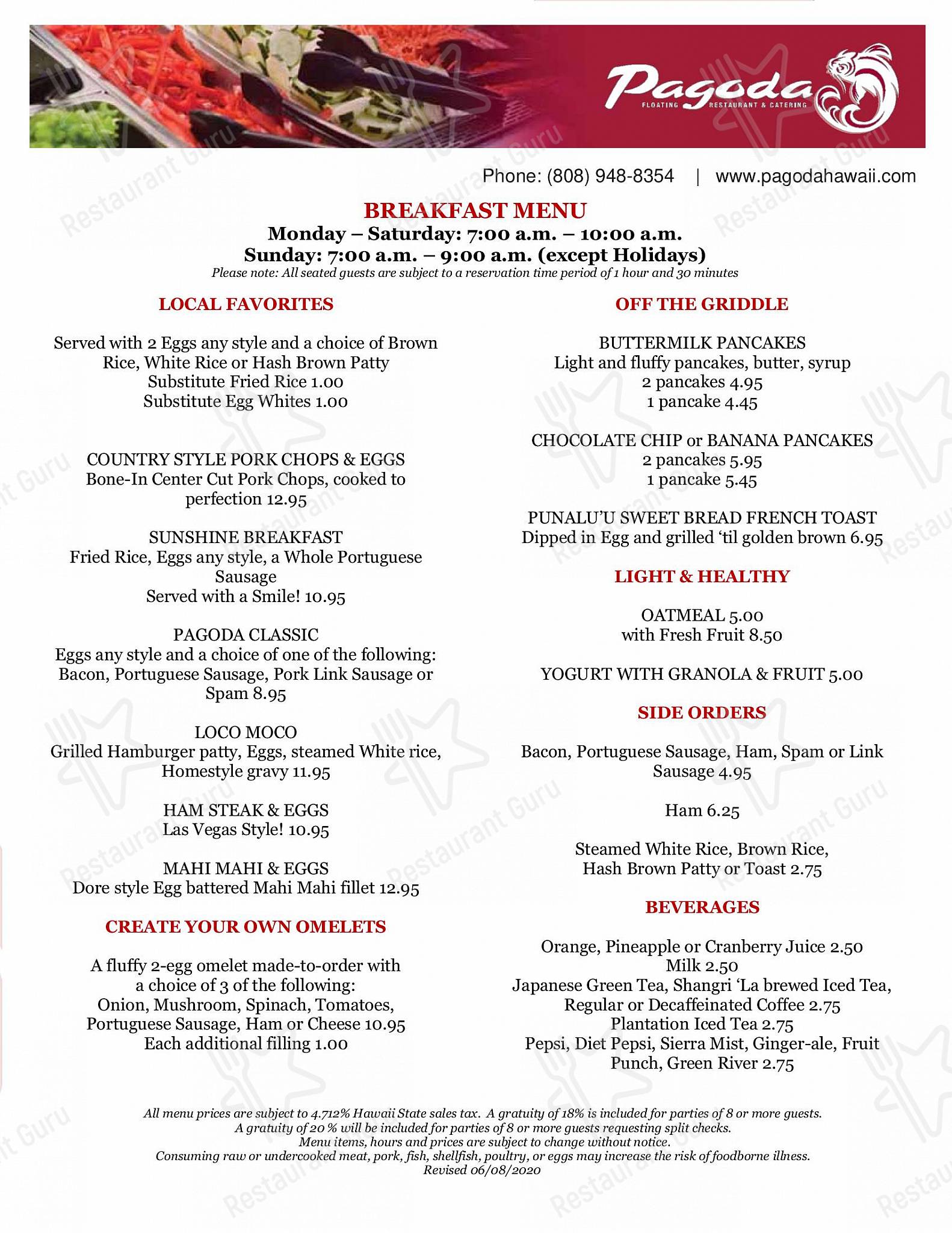 Menu at Pagoda Restaurant & Catering, Honolulu