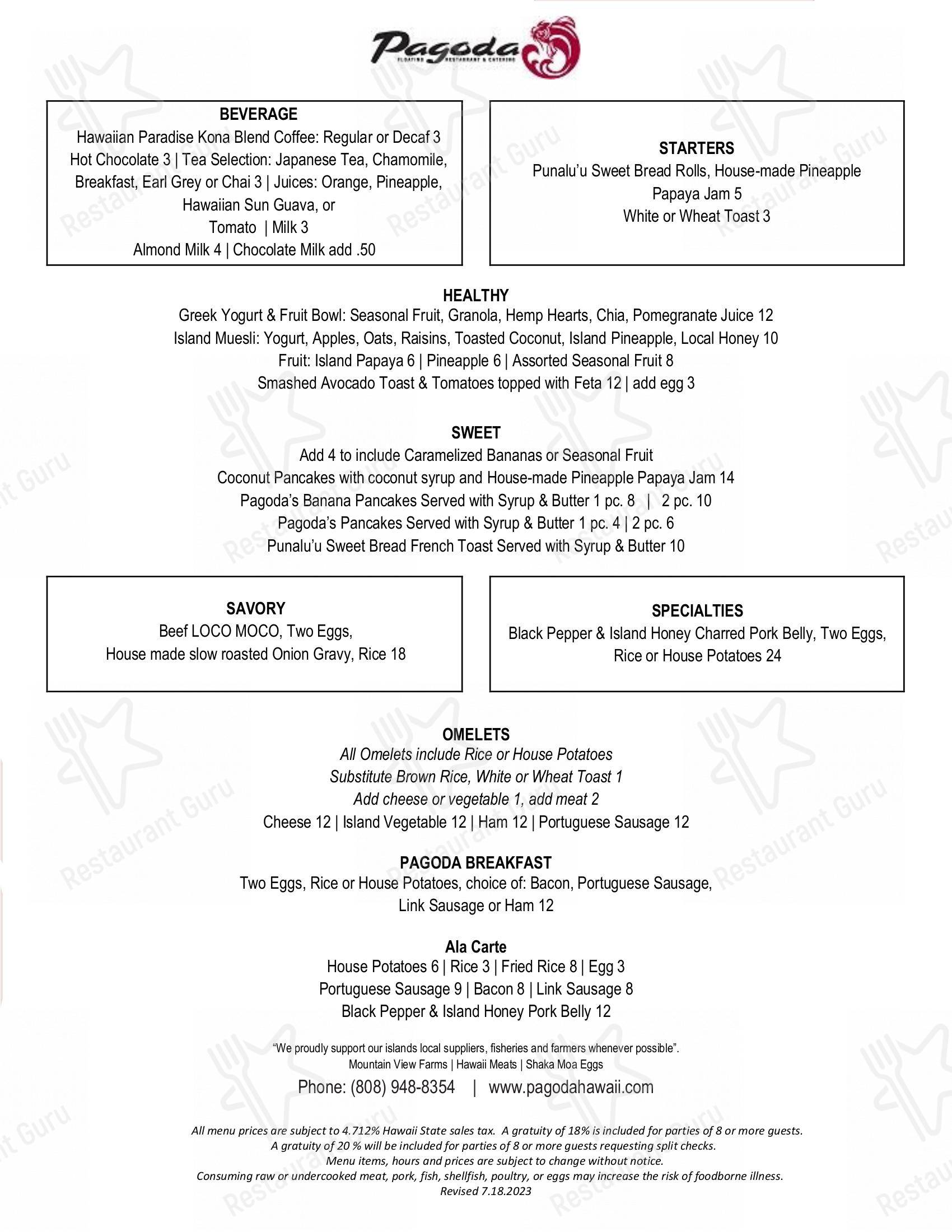 Carta de Pagoda Restaurant & Catering, Honolulu