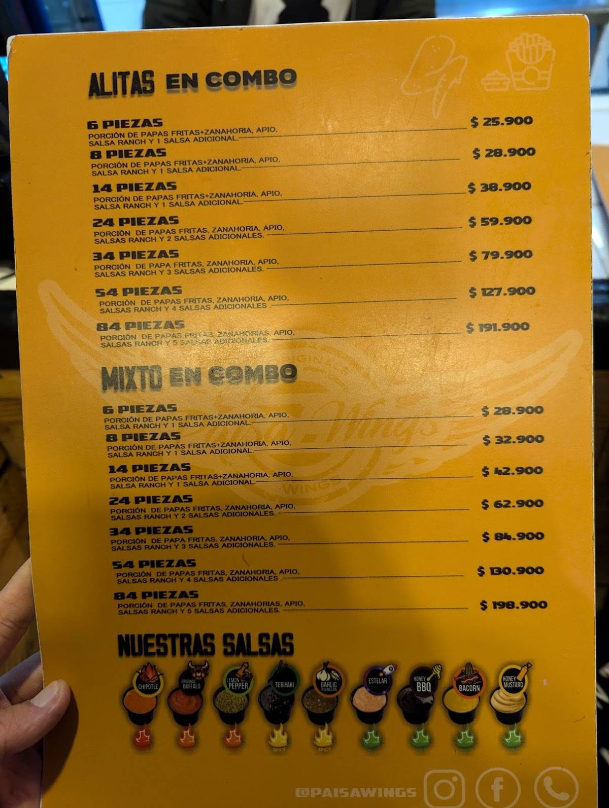 Carta del restaurante Paisa Wings, Bogotá, Cra 19 #150-93