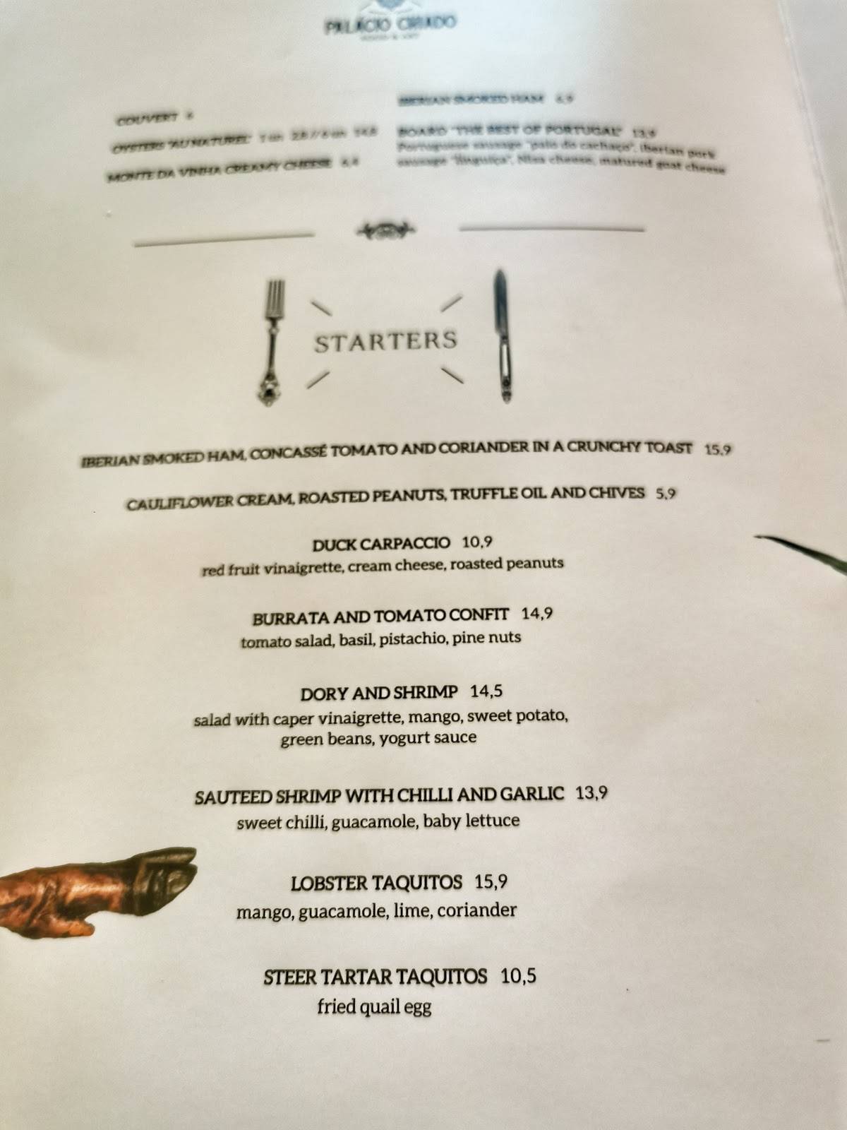 Menu at Palácio Chiado restaurant, Lisbon, R. do Alecrim 70