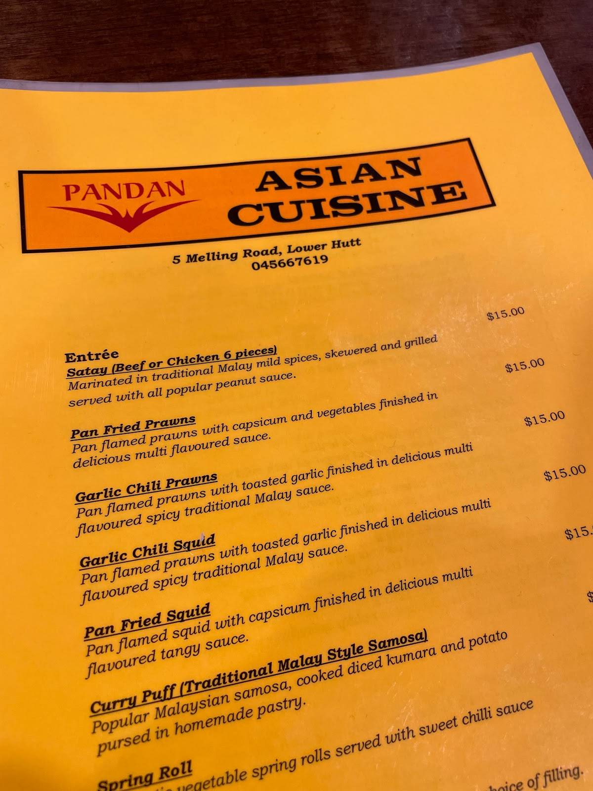 Menu at Pandan Asian Cuisine restaurant, Lower Hutt, 5 Melling Rd