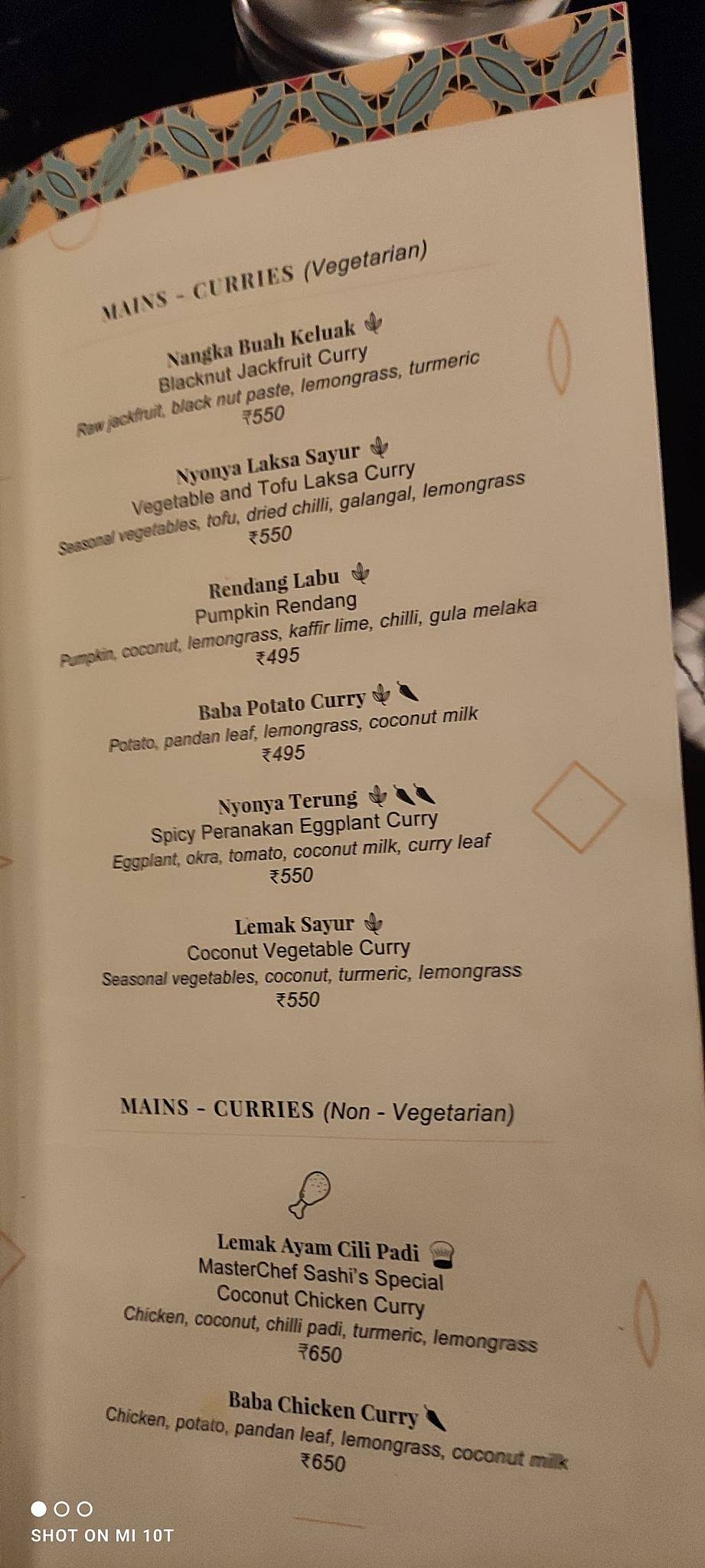 Menu at Pandan Club, Chennai
