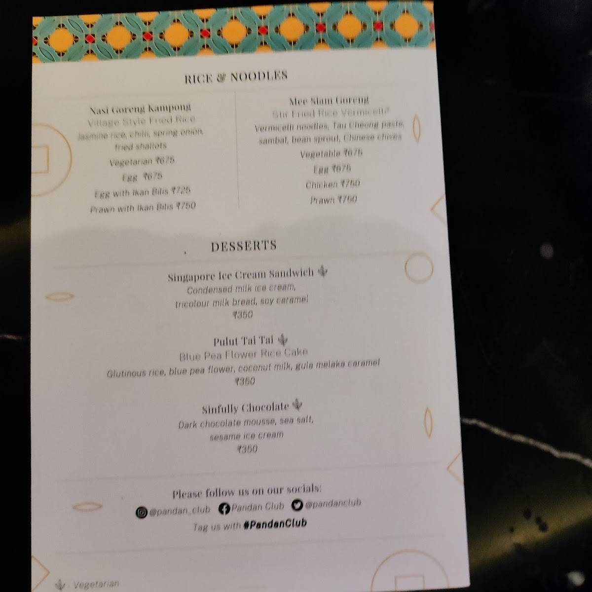 Menu at Pandan Club, Chennai