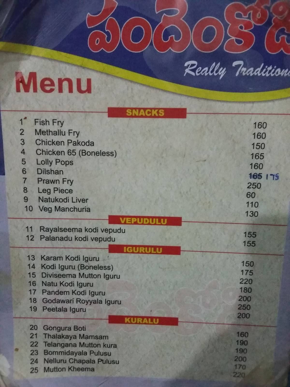 Menu at Pandem kodi Restaurant, Hyderabad, 8-3-167
