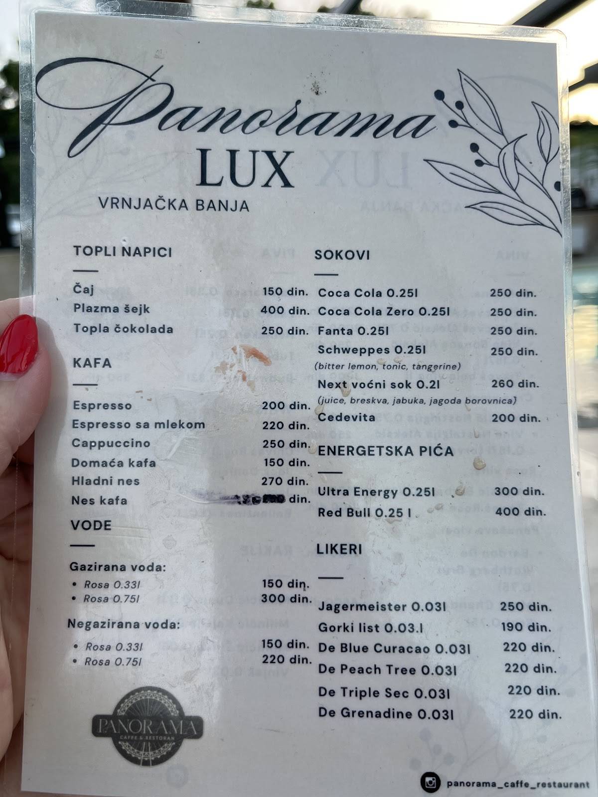 Menu at Panorama restoran restaurant, Vrnjačka Banja