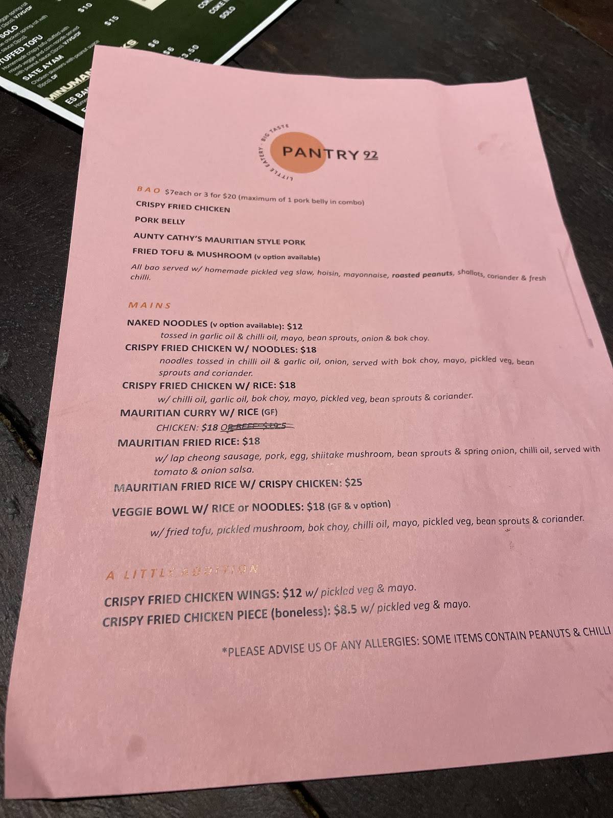 Menu at Pantry 92 restaurant, Fremantle