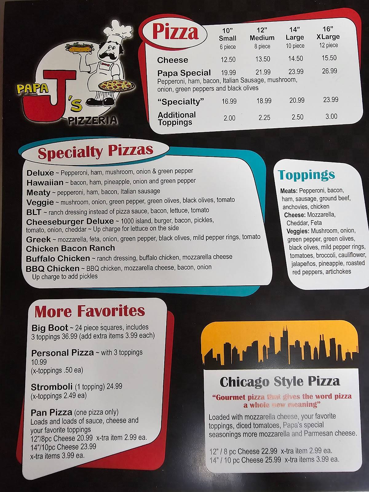 Menu at Papa J's Pizzeria & Diner, Honor