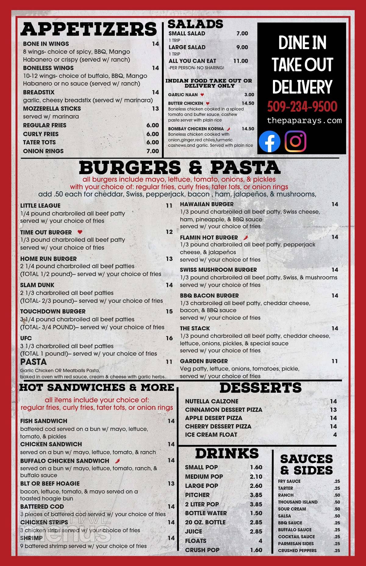 Menu at Papa Ray's pizzeria, Connell