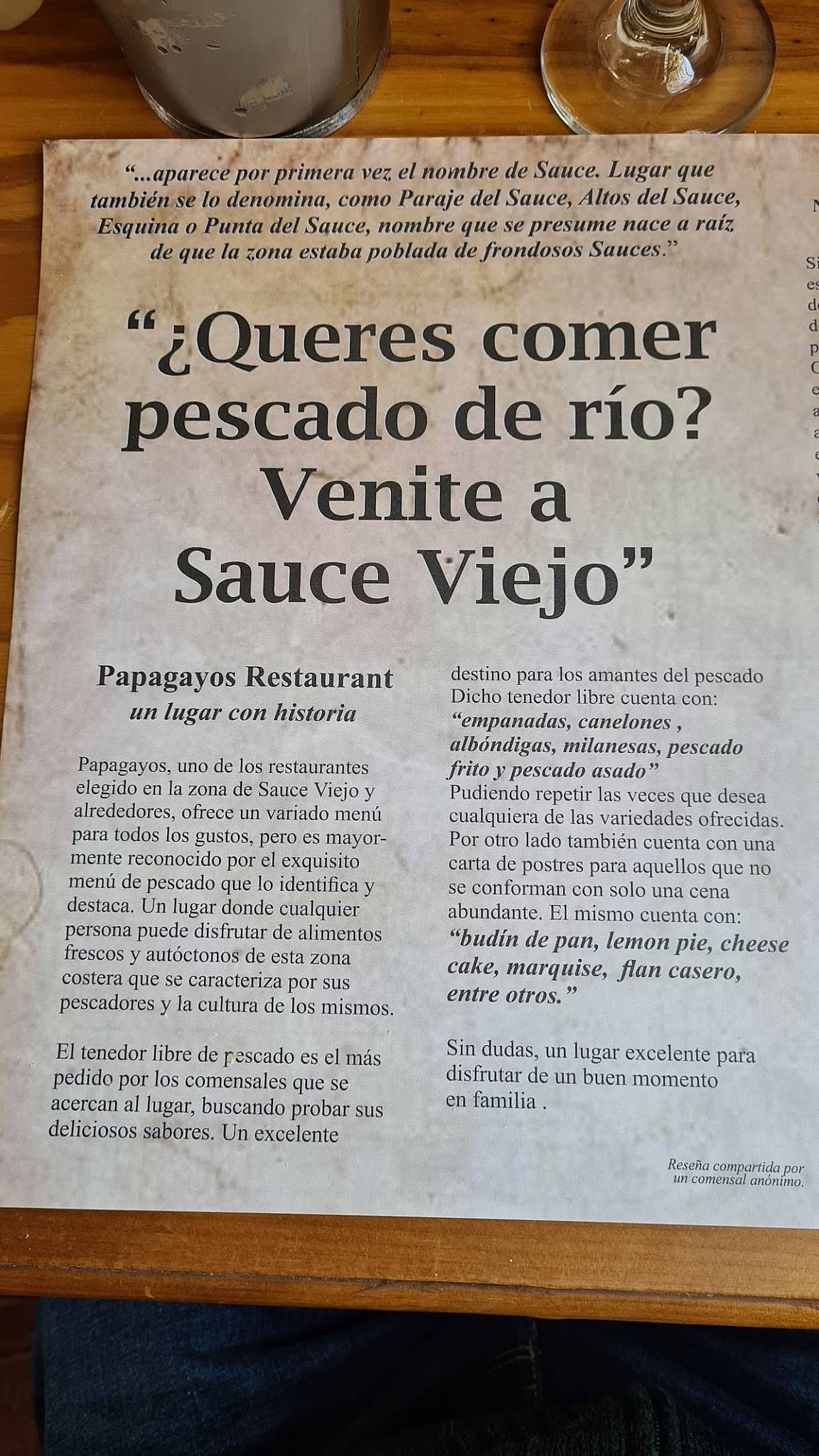 Carta del restaurante Papagayos, Sauce Viejo