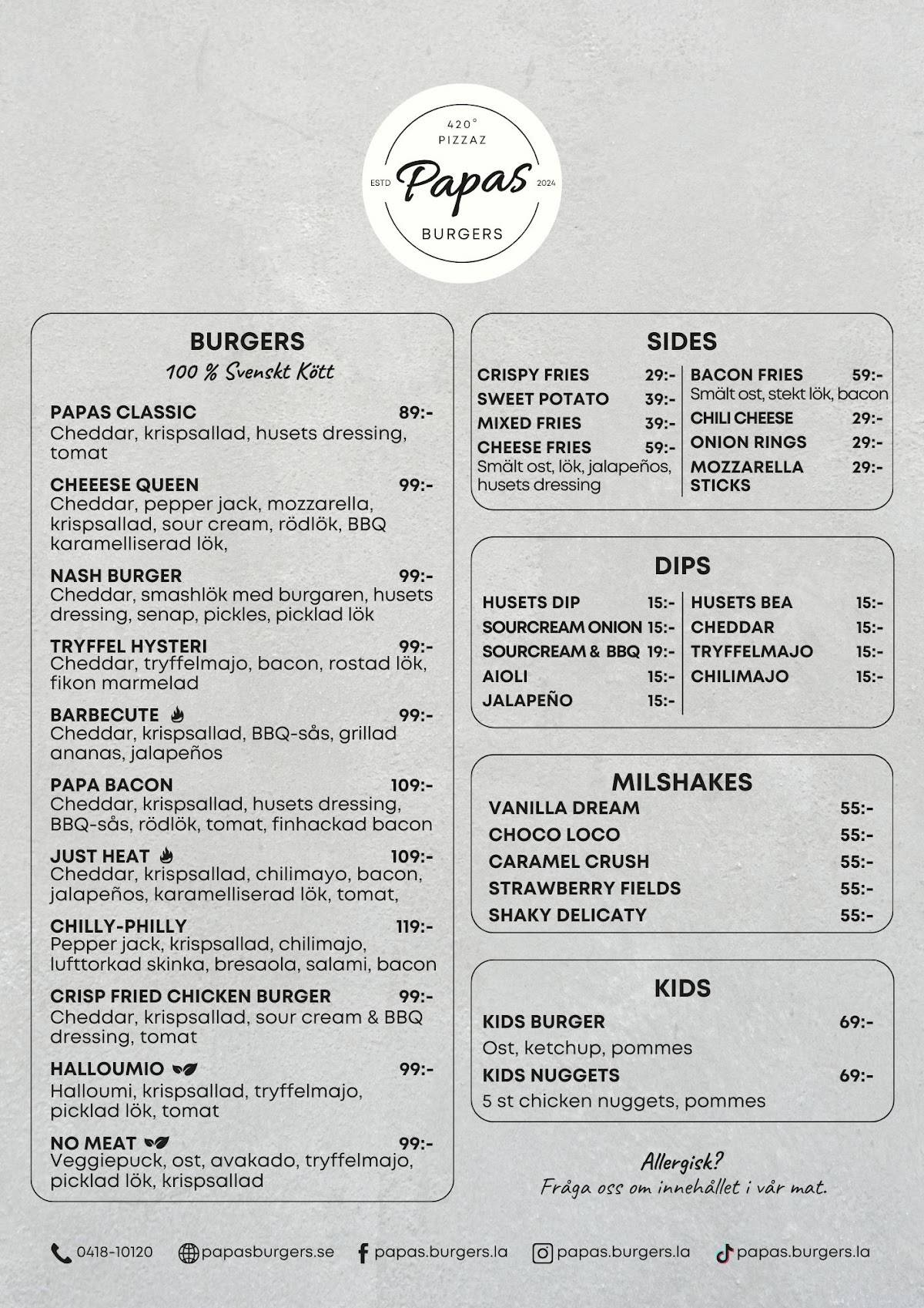 Menu at Papas Burgers Landskrona restaurant, Landskrona