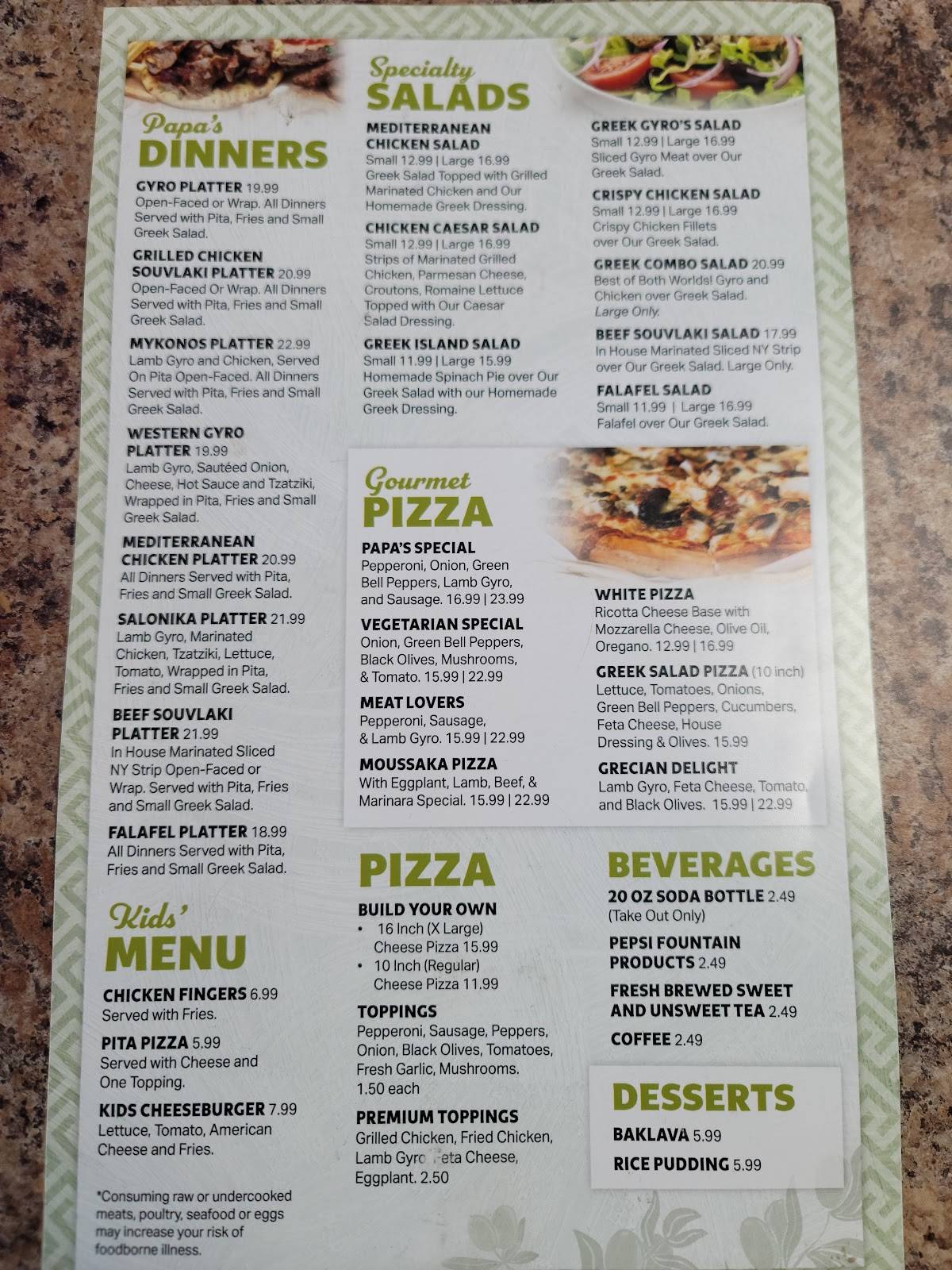 Menu at Papa's Greek family restaurant, Papas pizza, Virginia Beach