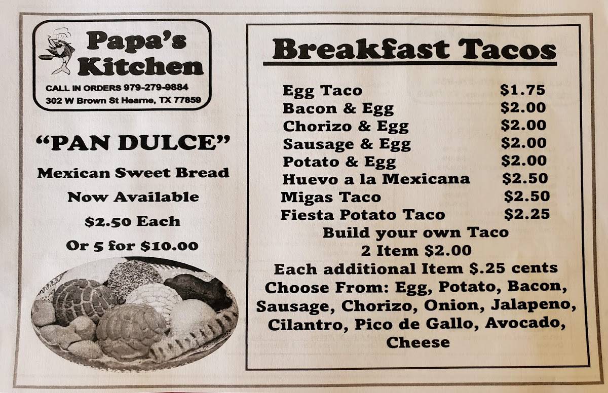 Menu at Papa's Kitchen restaurant, Hearne