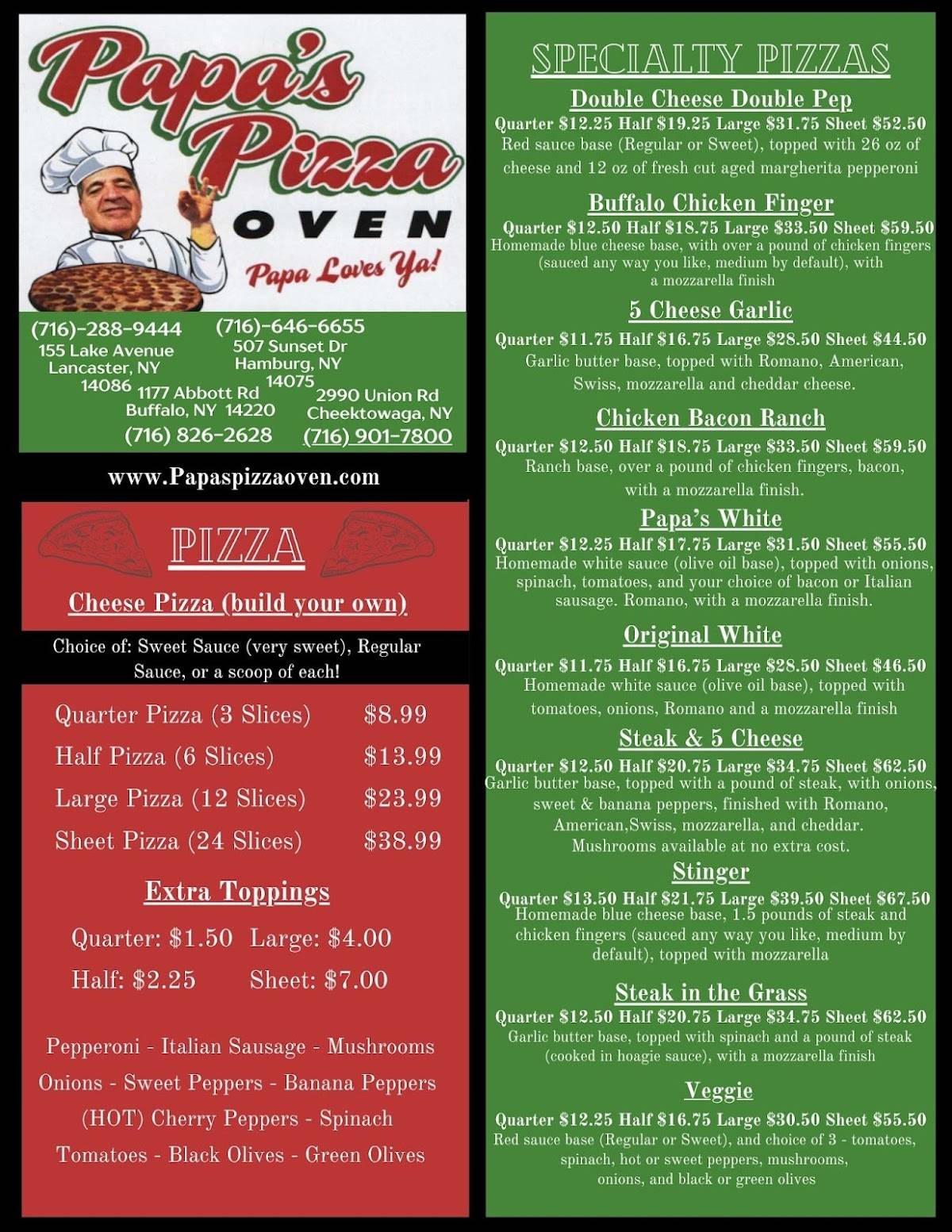 Menu at Papa's Pizza Oven Cheektowaga pizzeria, Cheektowaga