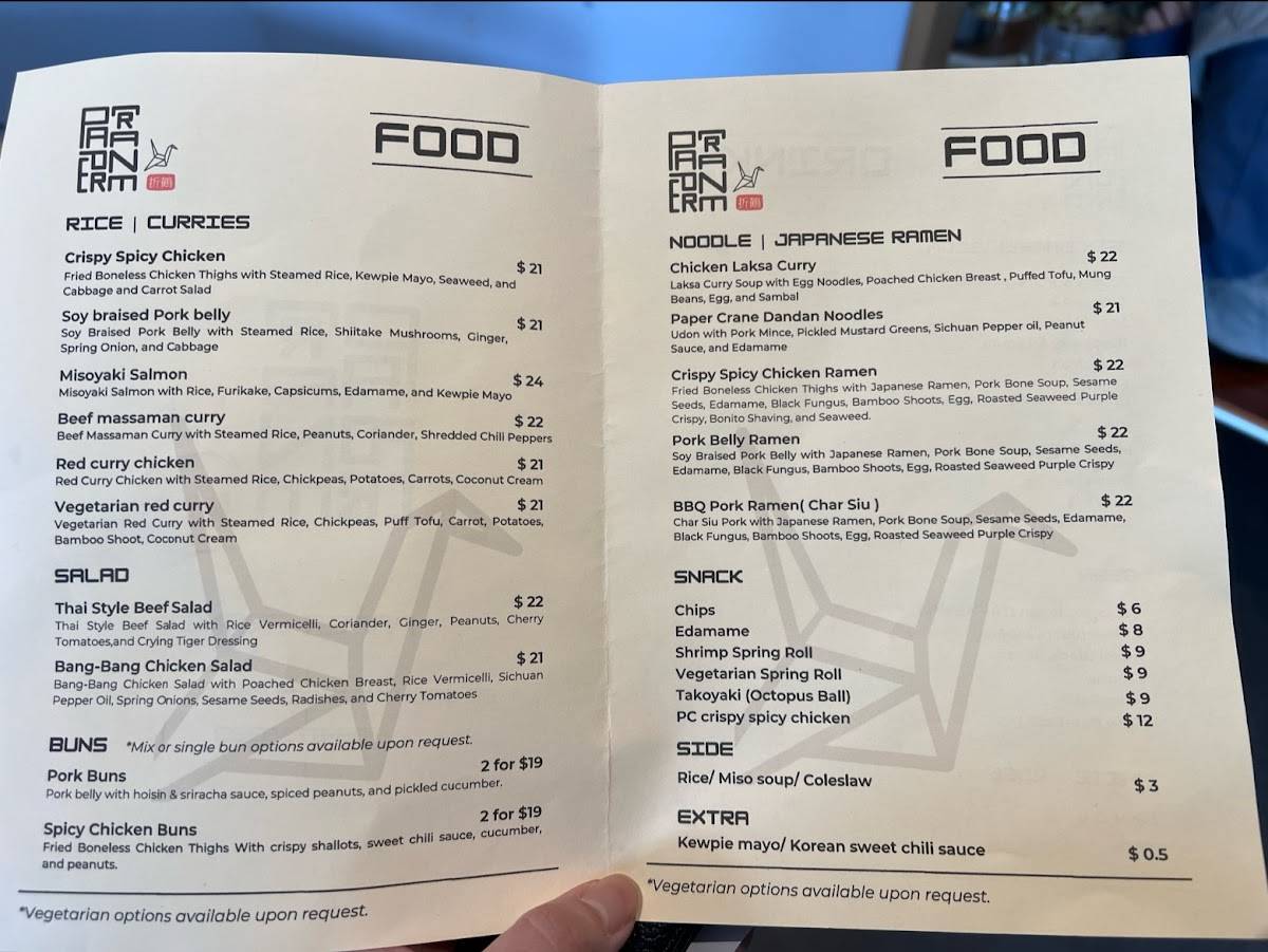 Menu at Paper Crane restaurant, Auckland