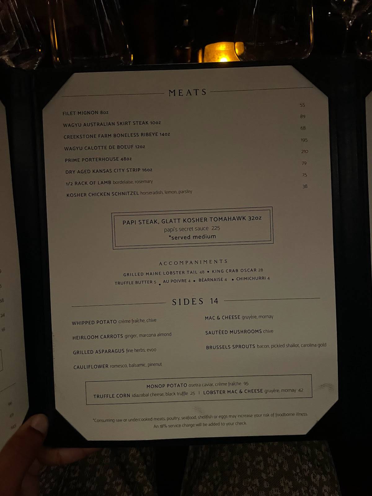Menu at Papi Steak Miami steakhouse, Miami Beach