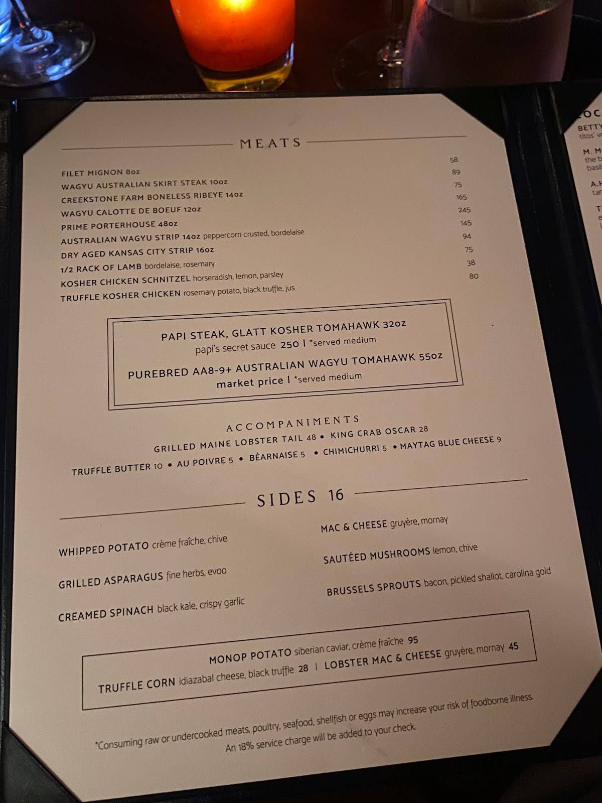 Menu at Papi Steak Miami steakhouse, Miami Beach