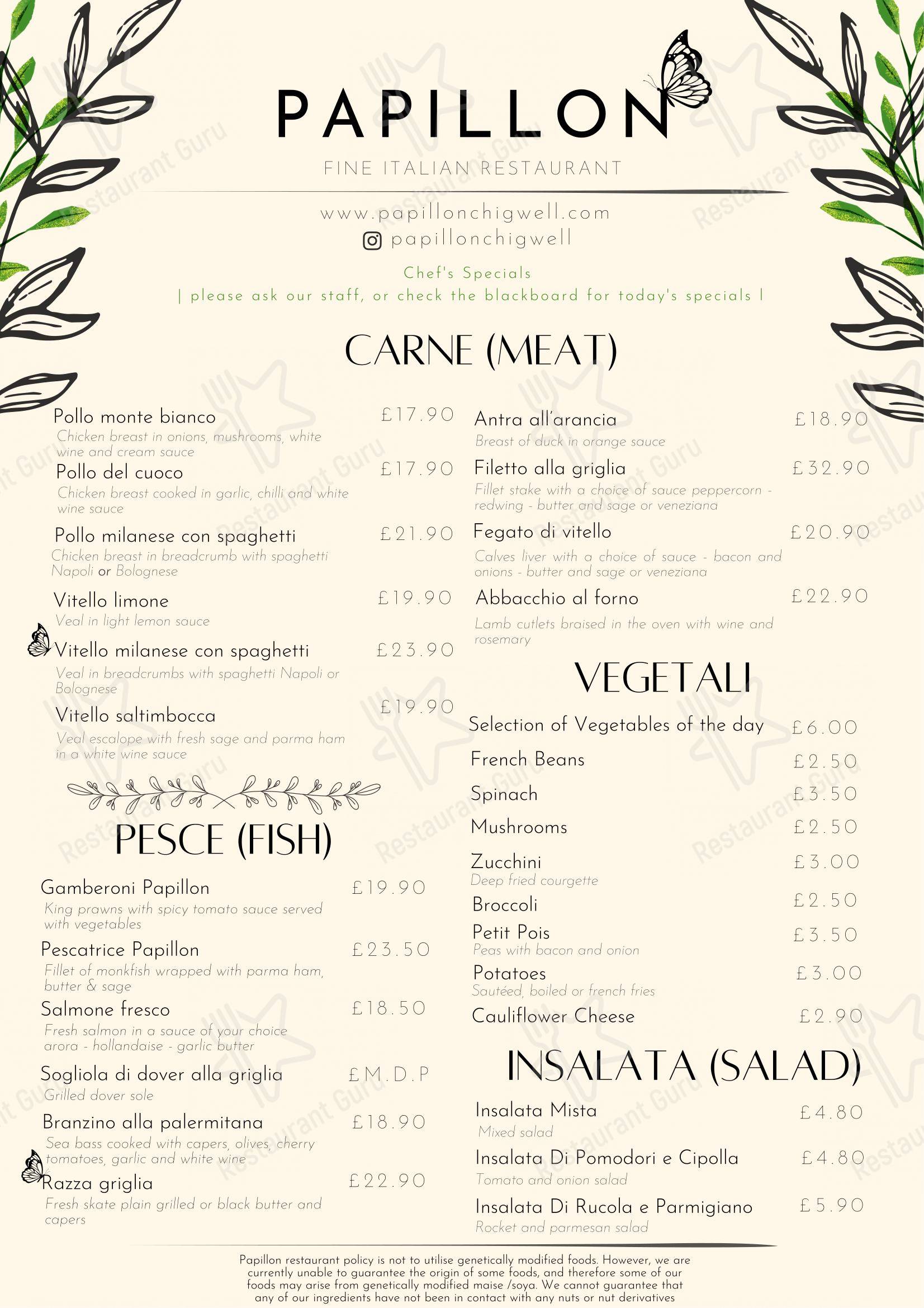 Menu at Papillon Chigwell restaurant, Chigwell, 13 Brook Mews