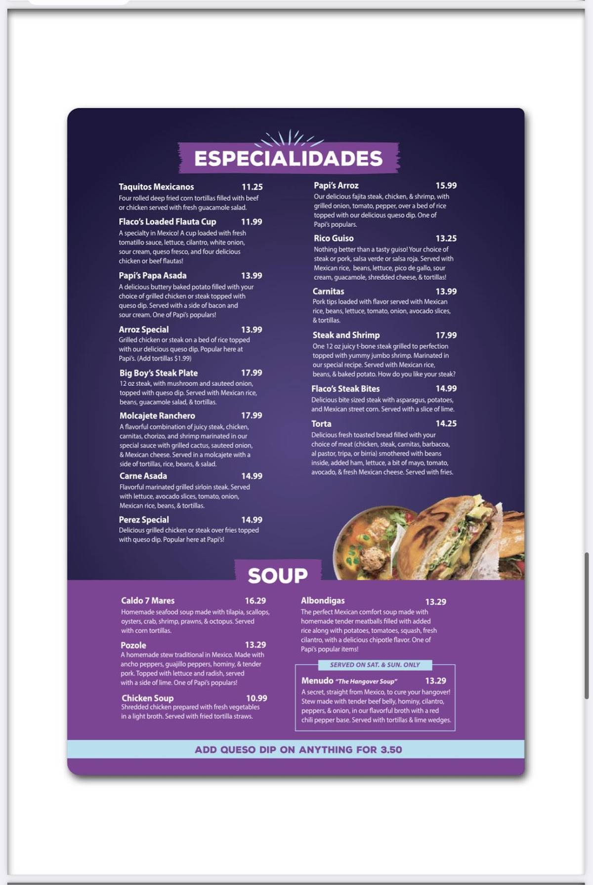 Menu at Papi’s Cocina & Cantina restaurant, Republic