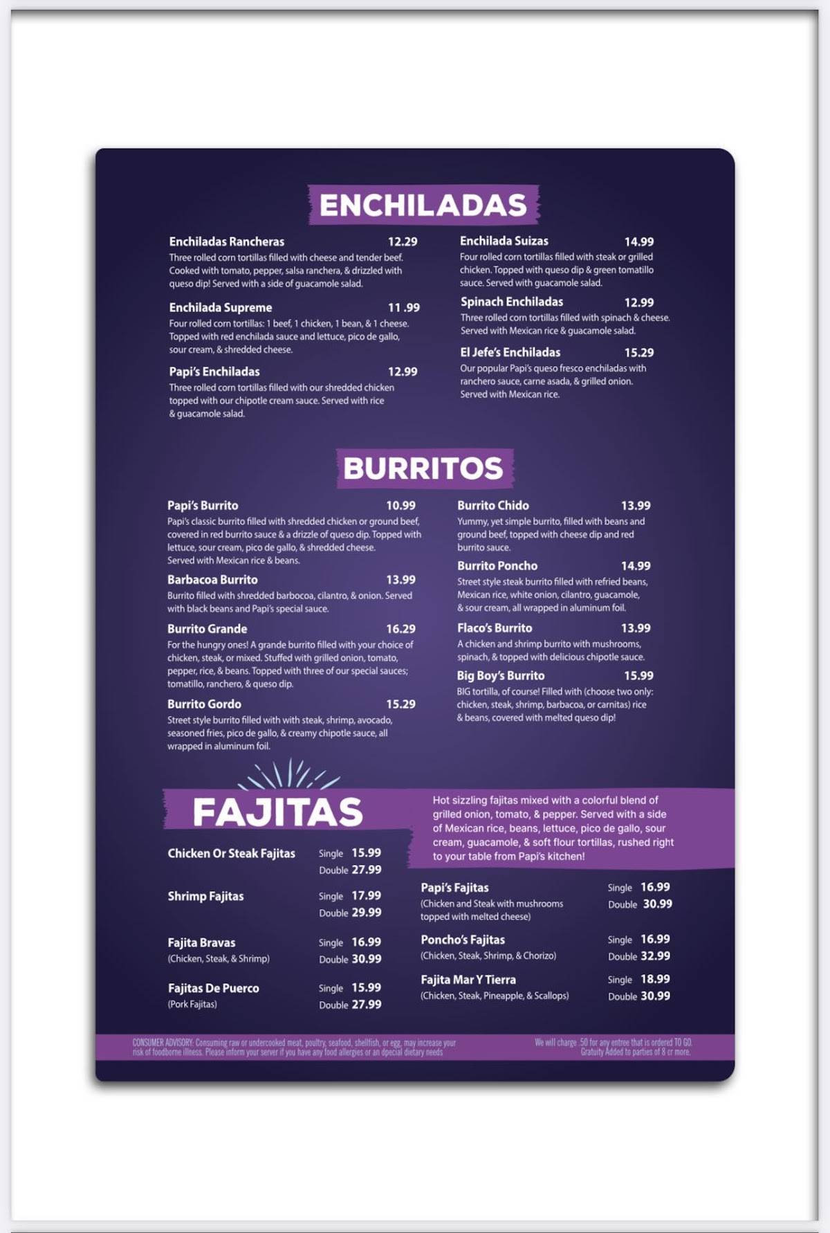 Menu at Papi’s Cocina & Cantina restaurant, Republic