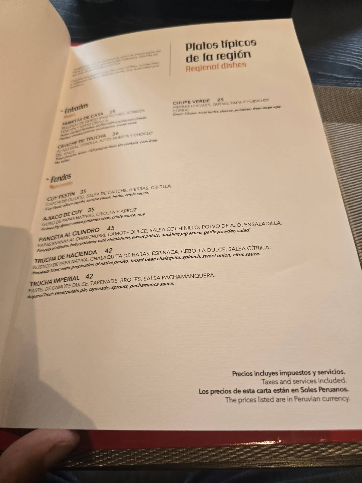 Menu at Paprika restaurant, Cajamarca