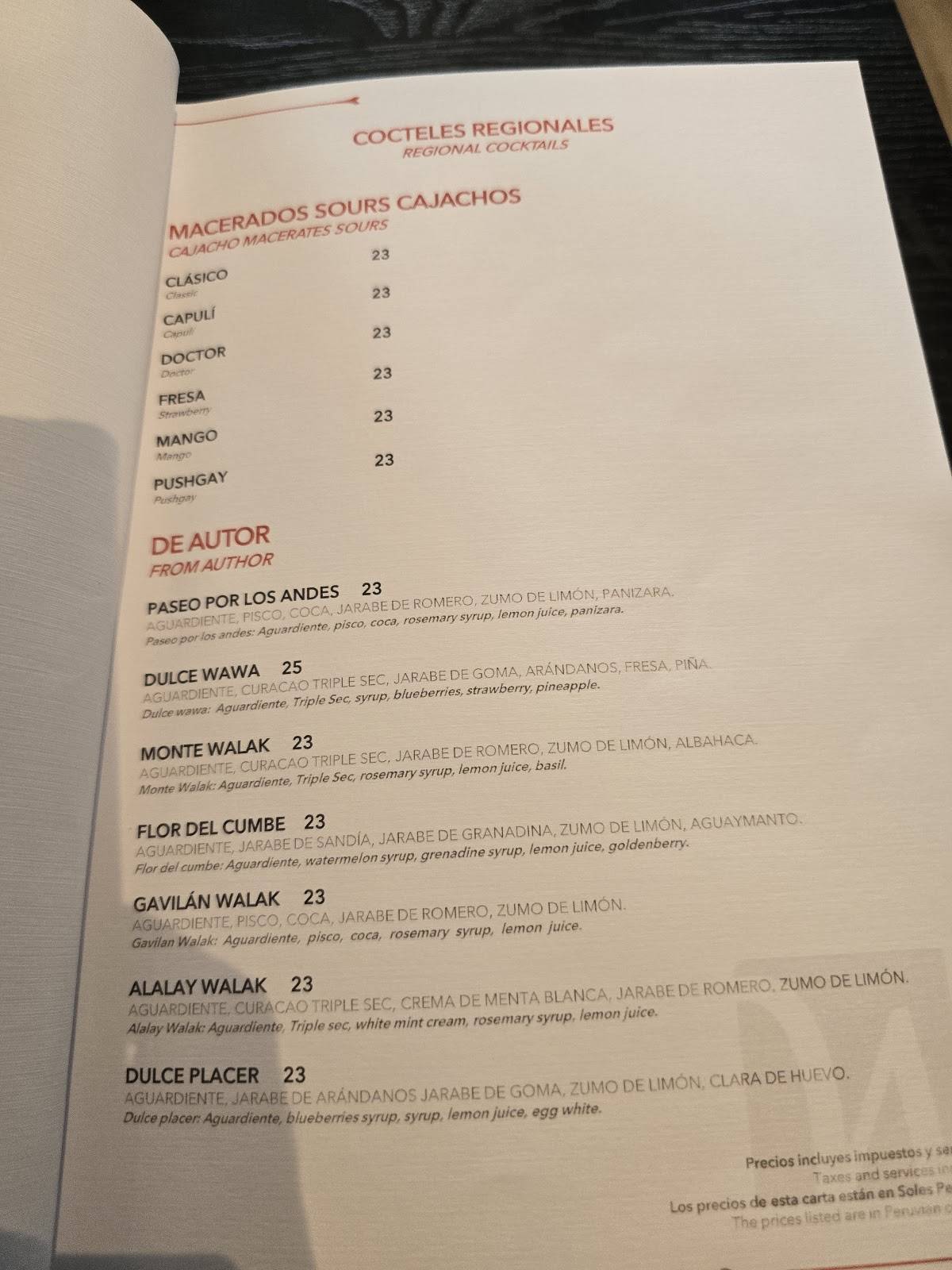 Menu at Paprika restaurant, Cajamarca