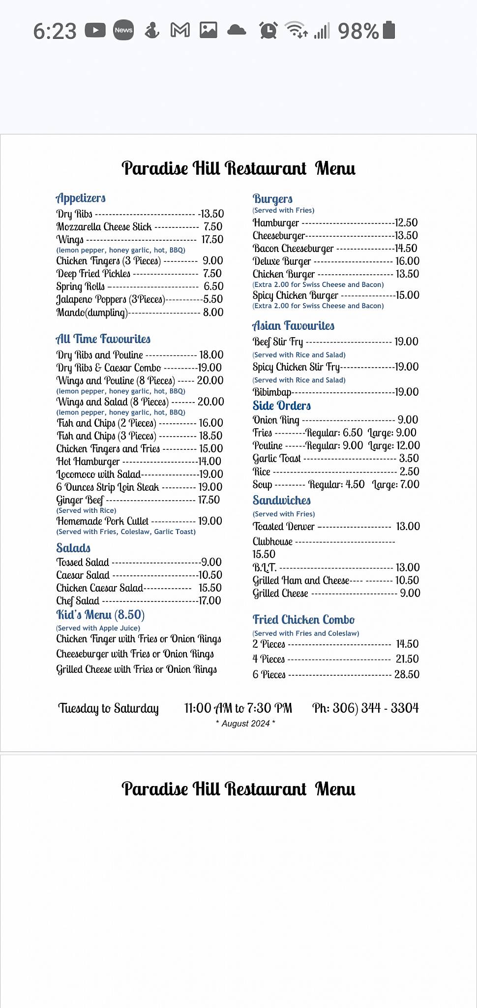 Menu at Paradise Hill Restaurant, Paradise Hill