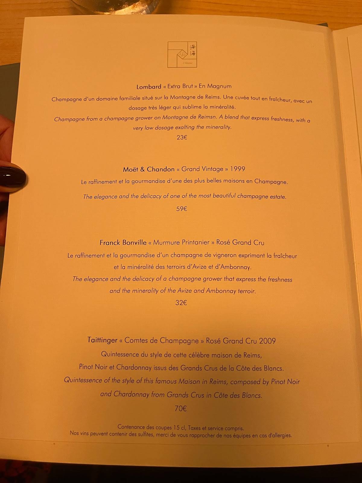 Menu au L'Abysse Paris restaurant, Paris, 8 avenue Dutuit Carre Des ...